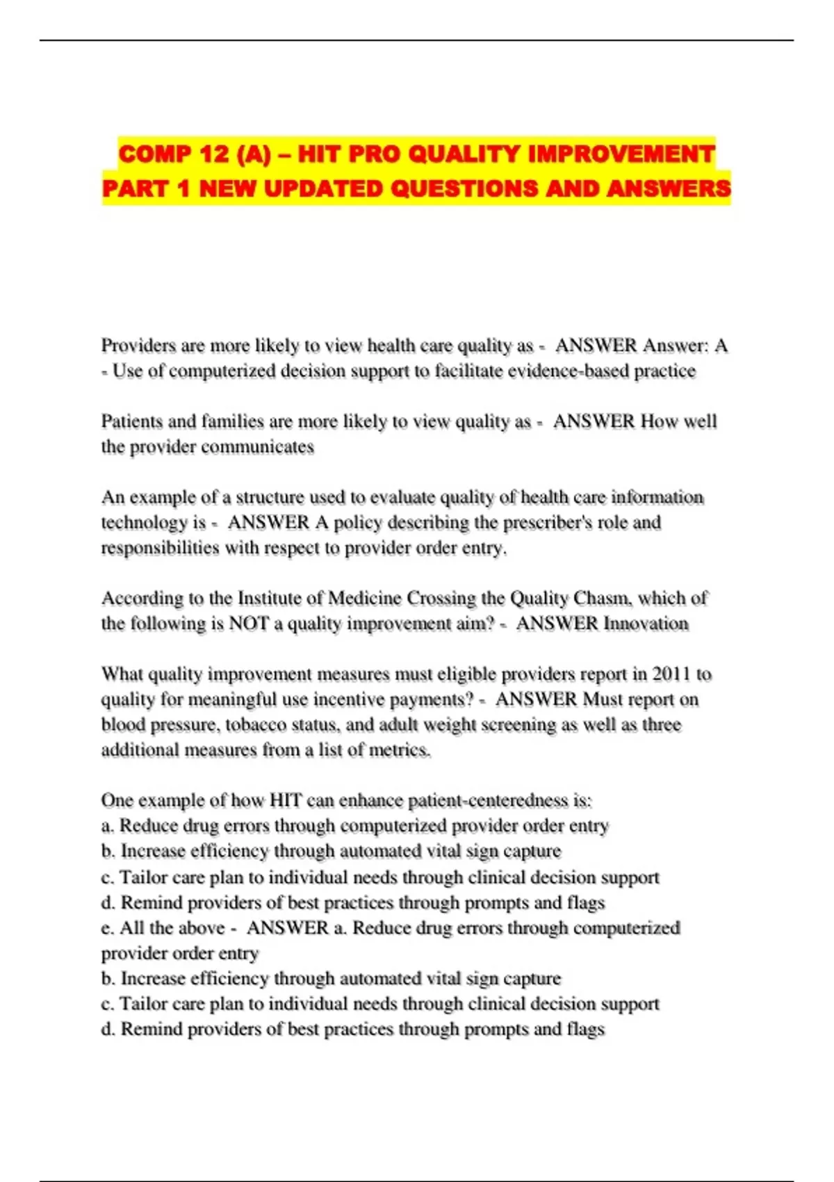 COMP 12 (A) – HIT PRO QUALITY IMPROVEMENT PART 1 NEW UPDATED QUESTIONS ...