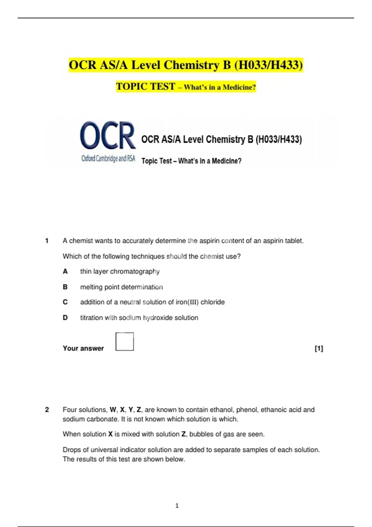 OCR AS/A Level Chemistry B (H033/H433) TOPIC TEST – What’s in a ...