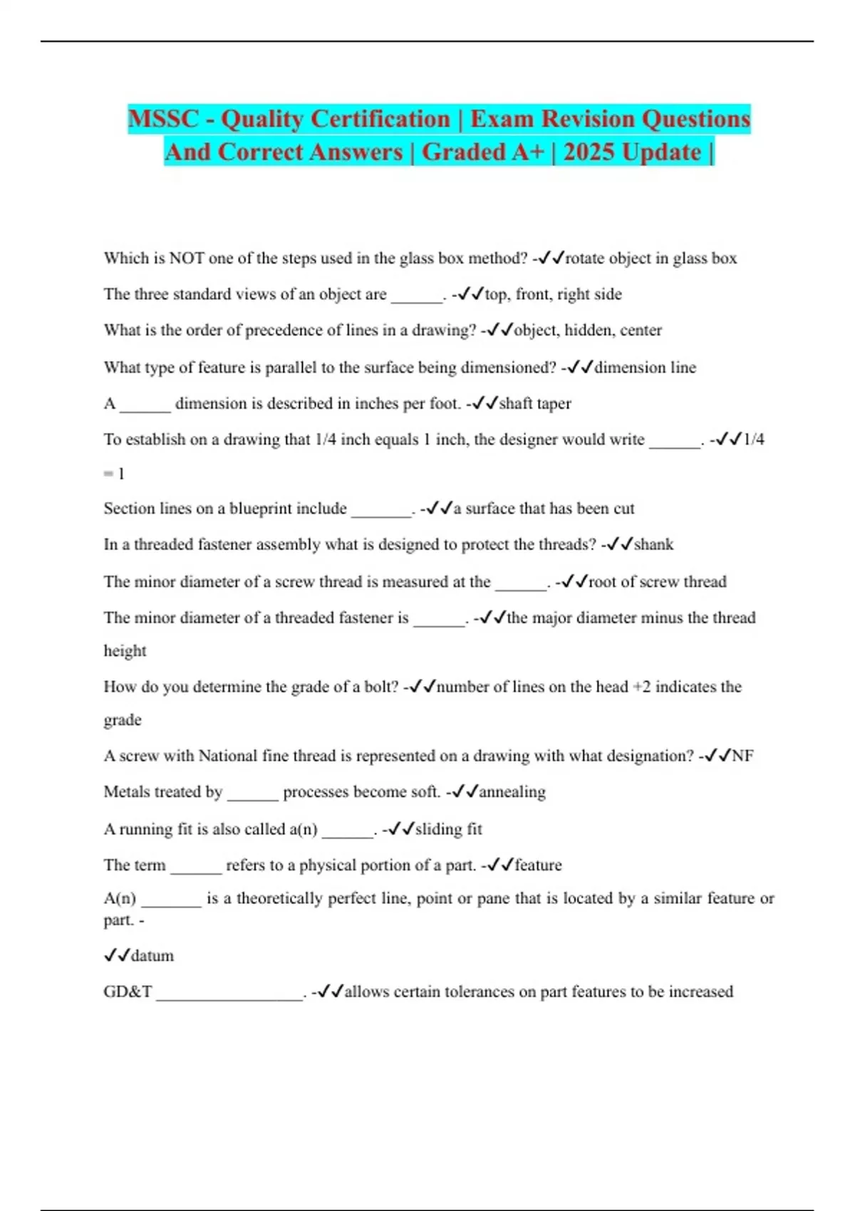 MSSC - Quality Certification | Exam Revision Questions And Correct ...