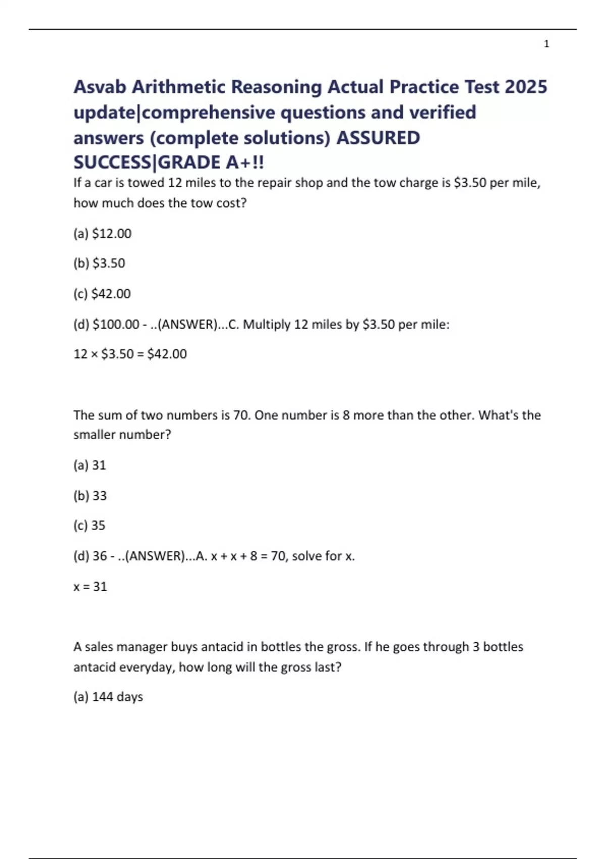 Asvab Arithmetic Reasoning Actual Practice Test 2025 update ...
