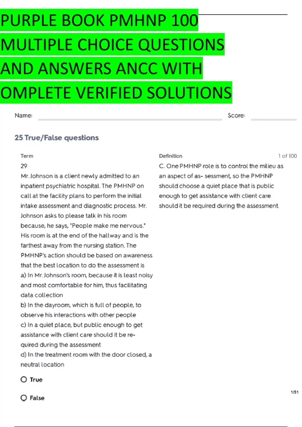 PURPLE BOOK | PMHNP | 100 MULTIPLE CHOICE QUESTIONS AND ANSWERS | ANCC ...