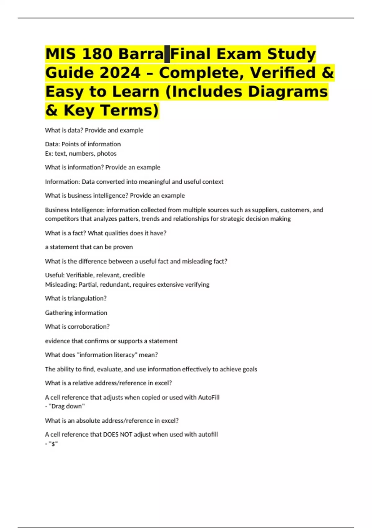 MIS 180 Barra Final Exam Study Guide 2024 – Complete, Verified & Easy ...