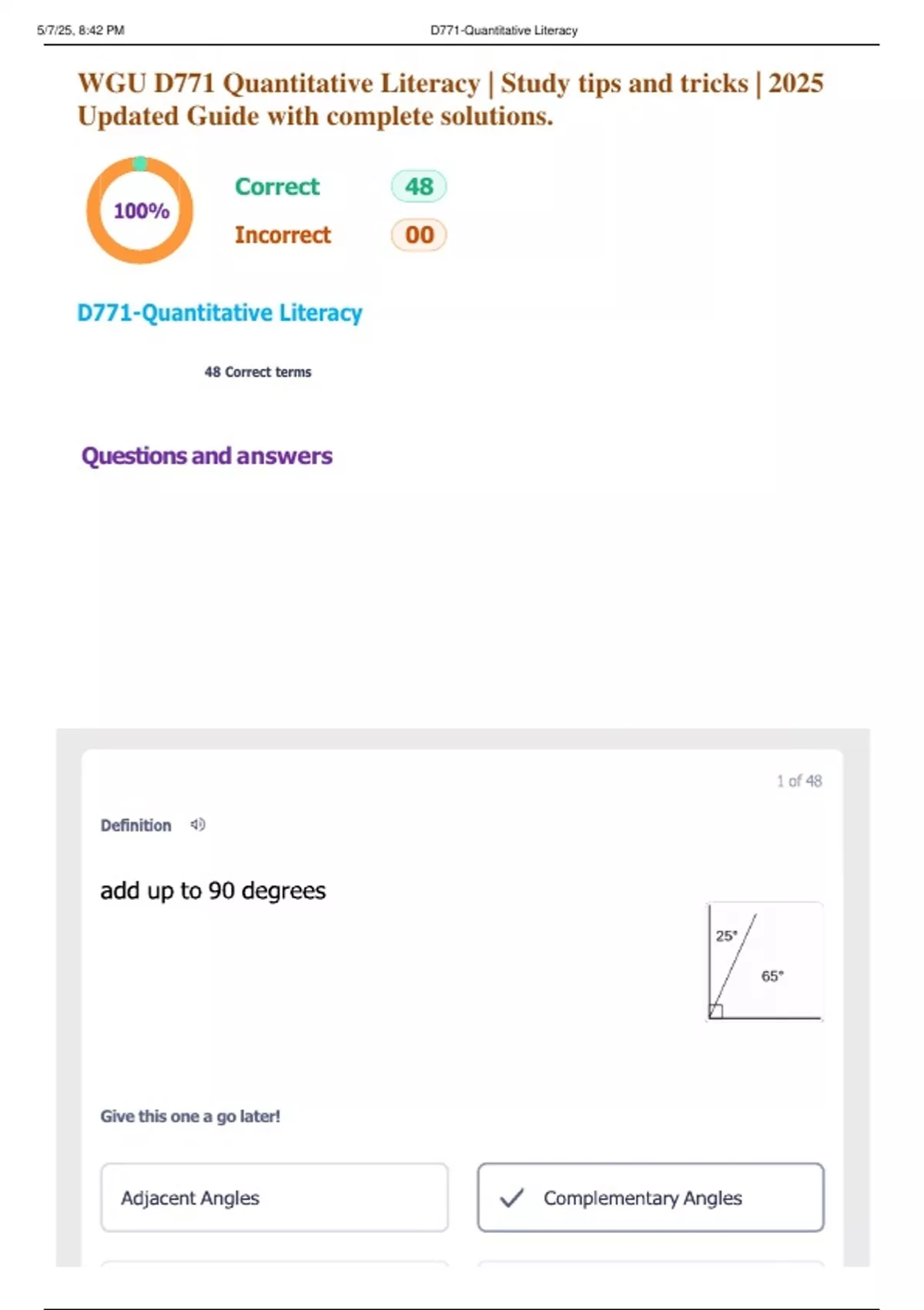 WGU D771 Quantitative Literacy | Study tips and tricks | 2025 Updated ...