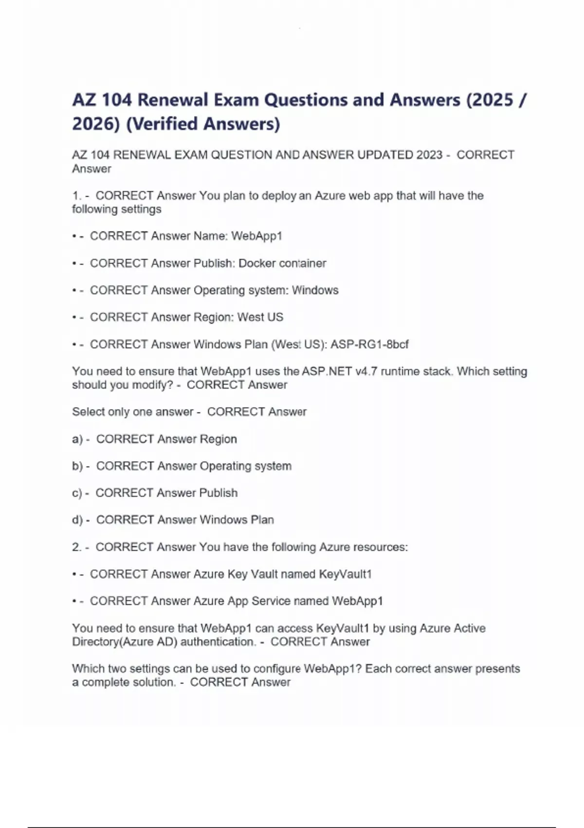 AZ 104 Renewal Exam Questions and Answers (2025 / 2026) (Verified Answers) - AZ-104 Renewal ...