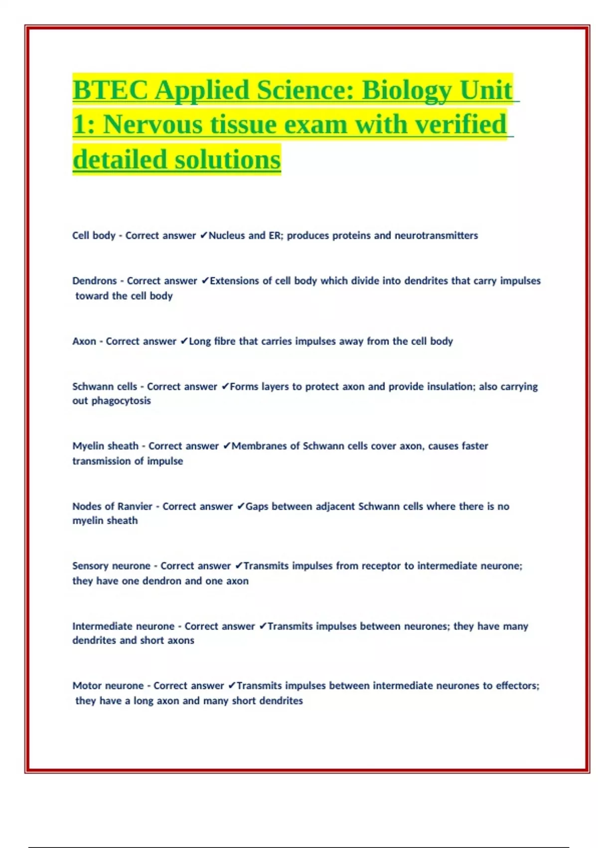 BTEC Applied Science Biology Unit 1 Nervous tissue exam with verified detailed solutions - BTEC ...