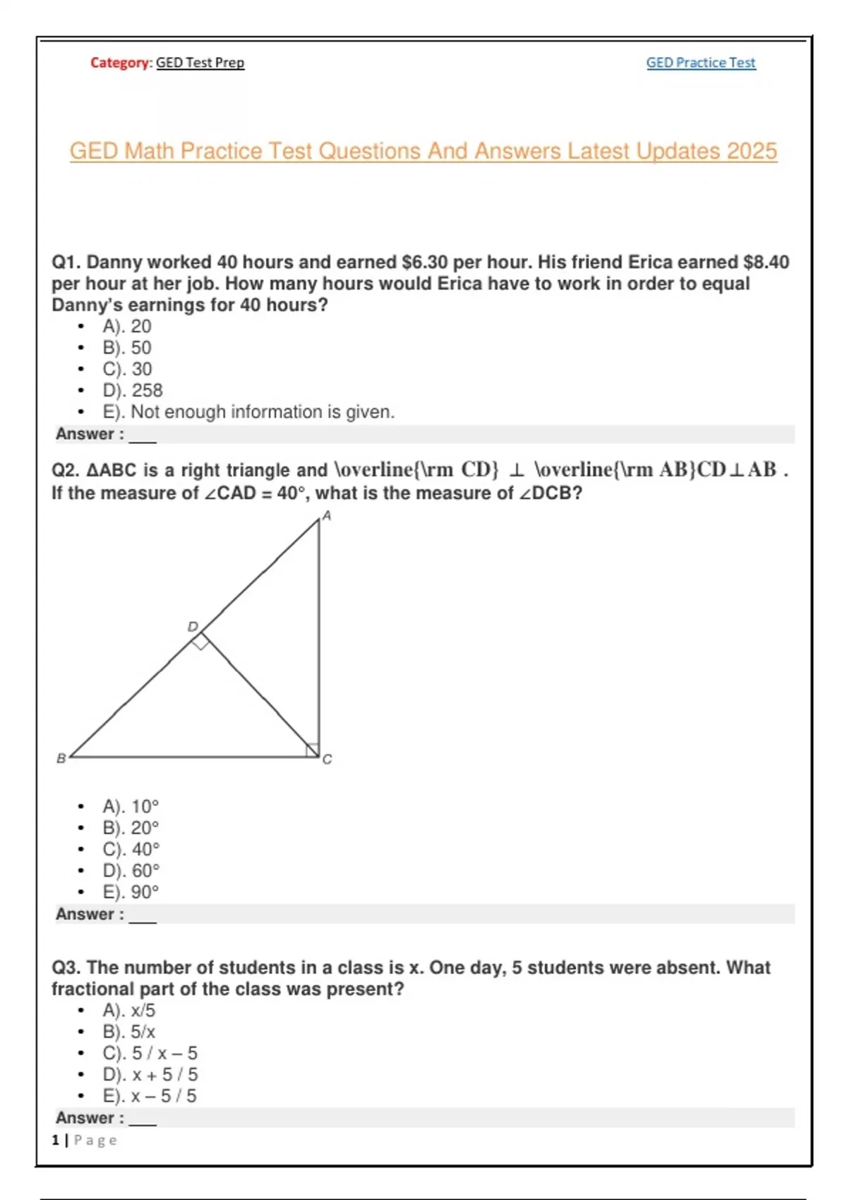 GED Math Practice Test Questions And Answers Latest Updates 2025 - GED ...