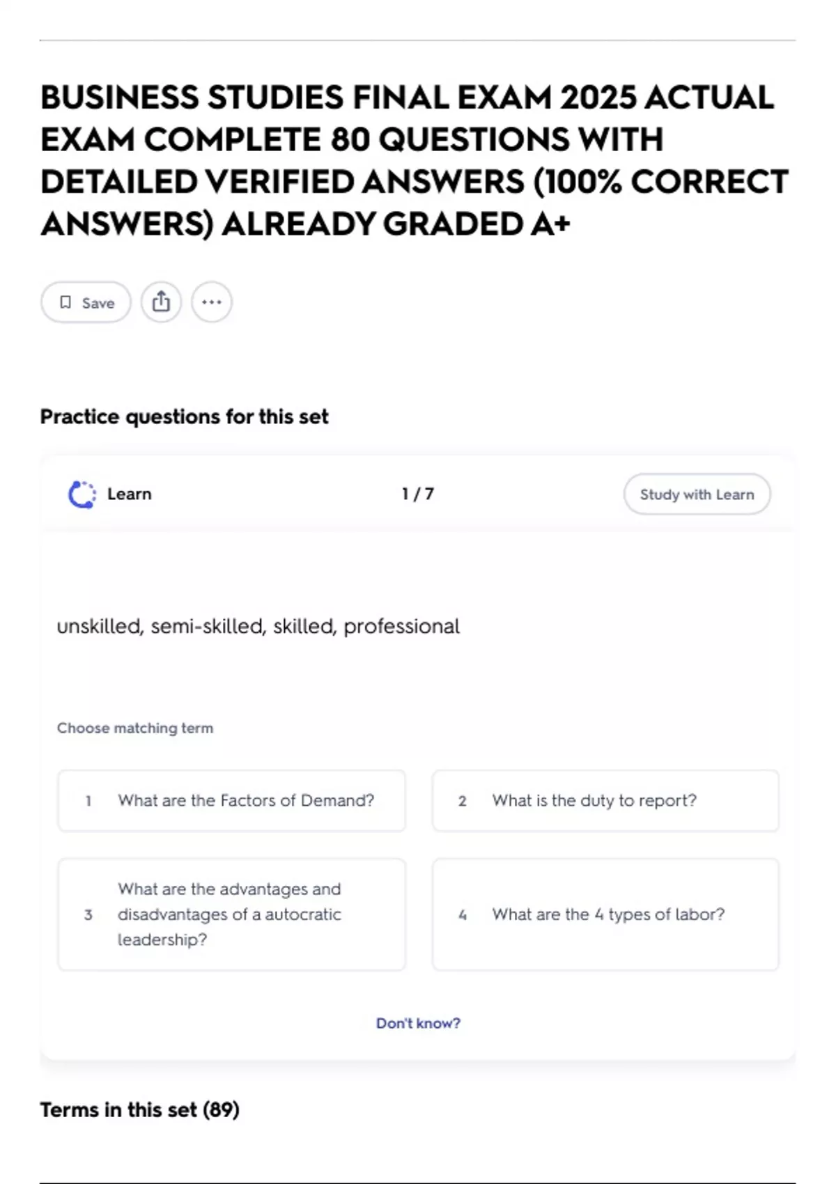 BUSINESS STUDIES FINAL EXAM 2025 ACTUAL EXAM COMPLETE 80 QUESTIONS WITH ...