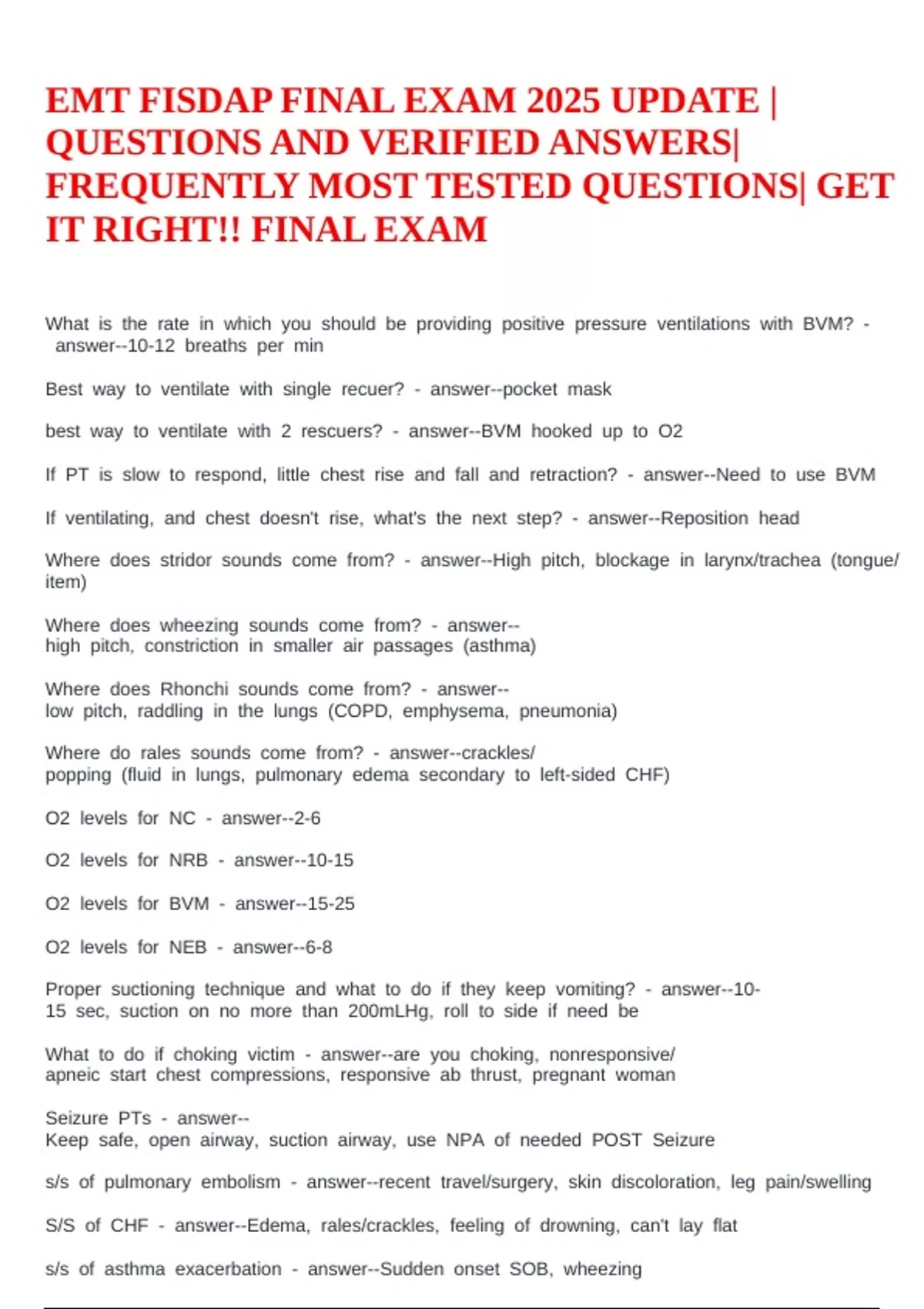EMT FISDAP FINAL EXAM 2025 UPDATE |QUESTIONS AND VERIFIED ANSWERS ...