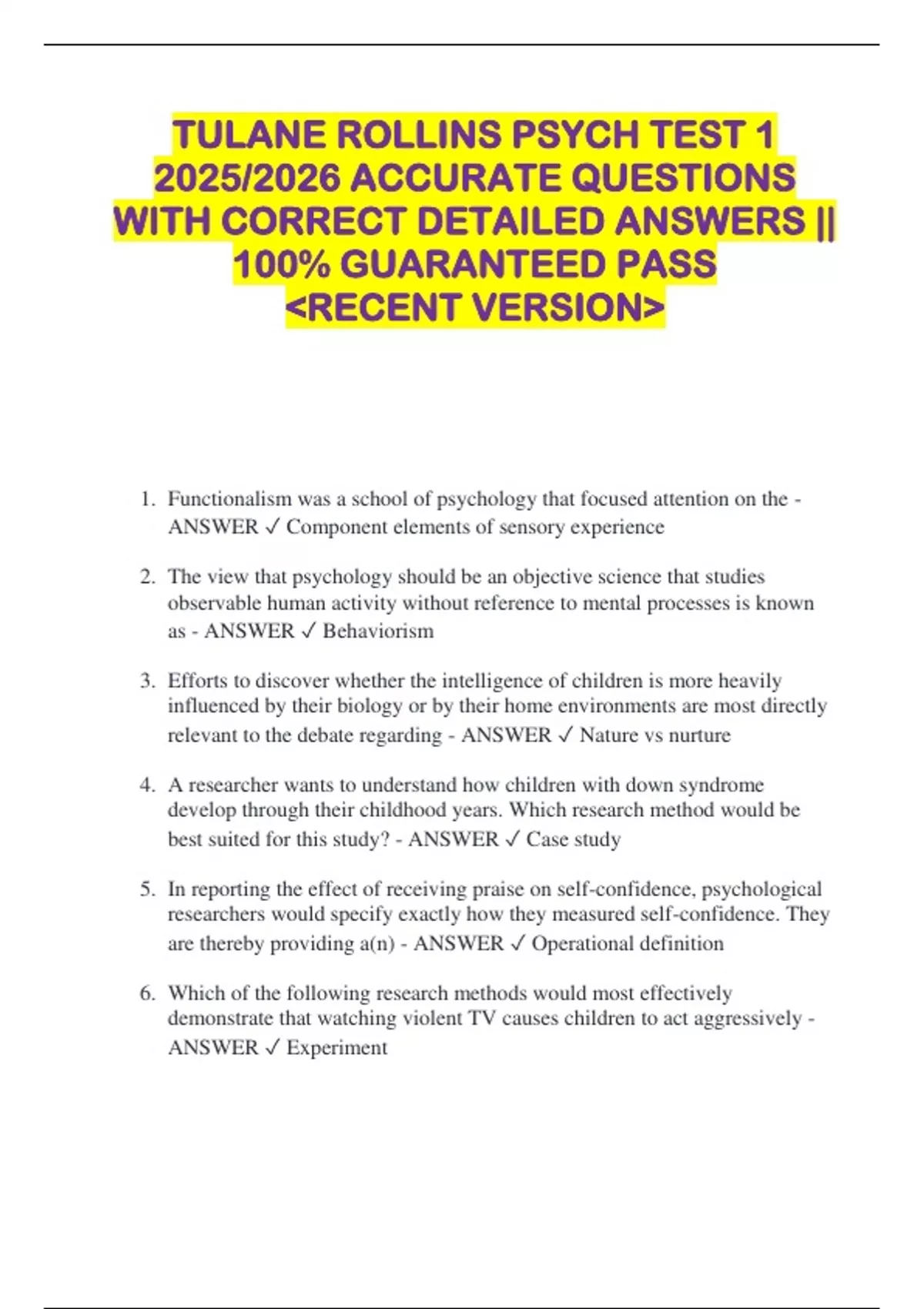 TULANE ROLLINS PSYCH TEST 1 2025/2026 ACCURATE QUESTIONS WITH CORRECT ...