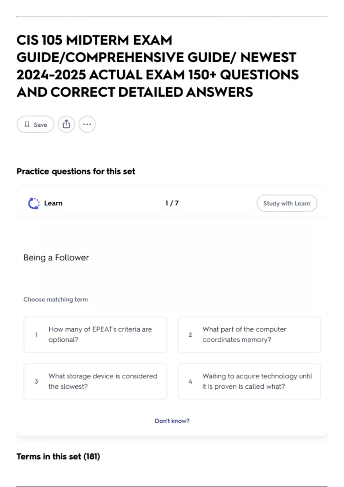 CIS 105 MIDTERM EXAM GUIDE/COMPREHENSIVE GUIDE/ NEWEST ACTUAL EXAM 150+ QUESTIONS AND CORRECT ...