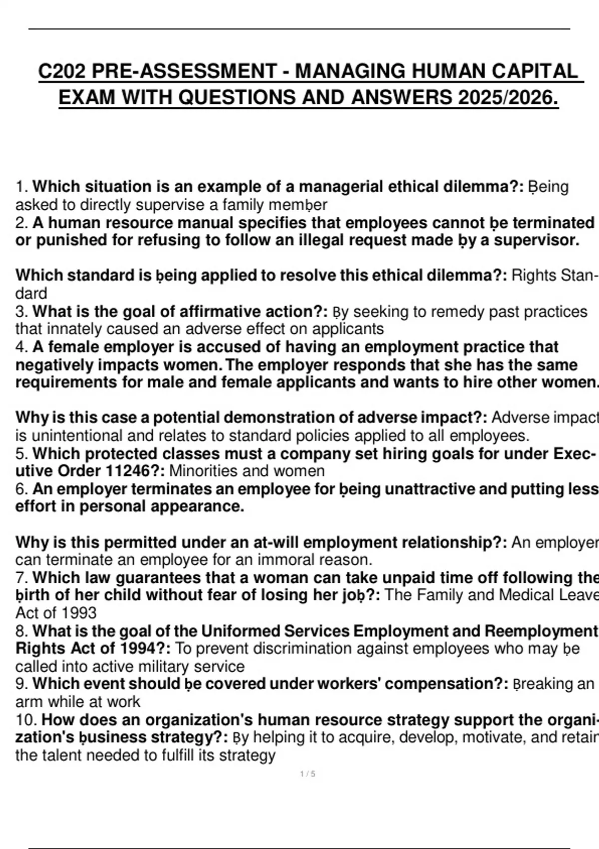 C202 PRE-ASSESSMENT - MANAGING HUMAN CAPITAL EXAM WITH QUESTIONS AND ANSWERS 2025/2026. - C202 ...