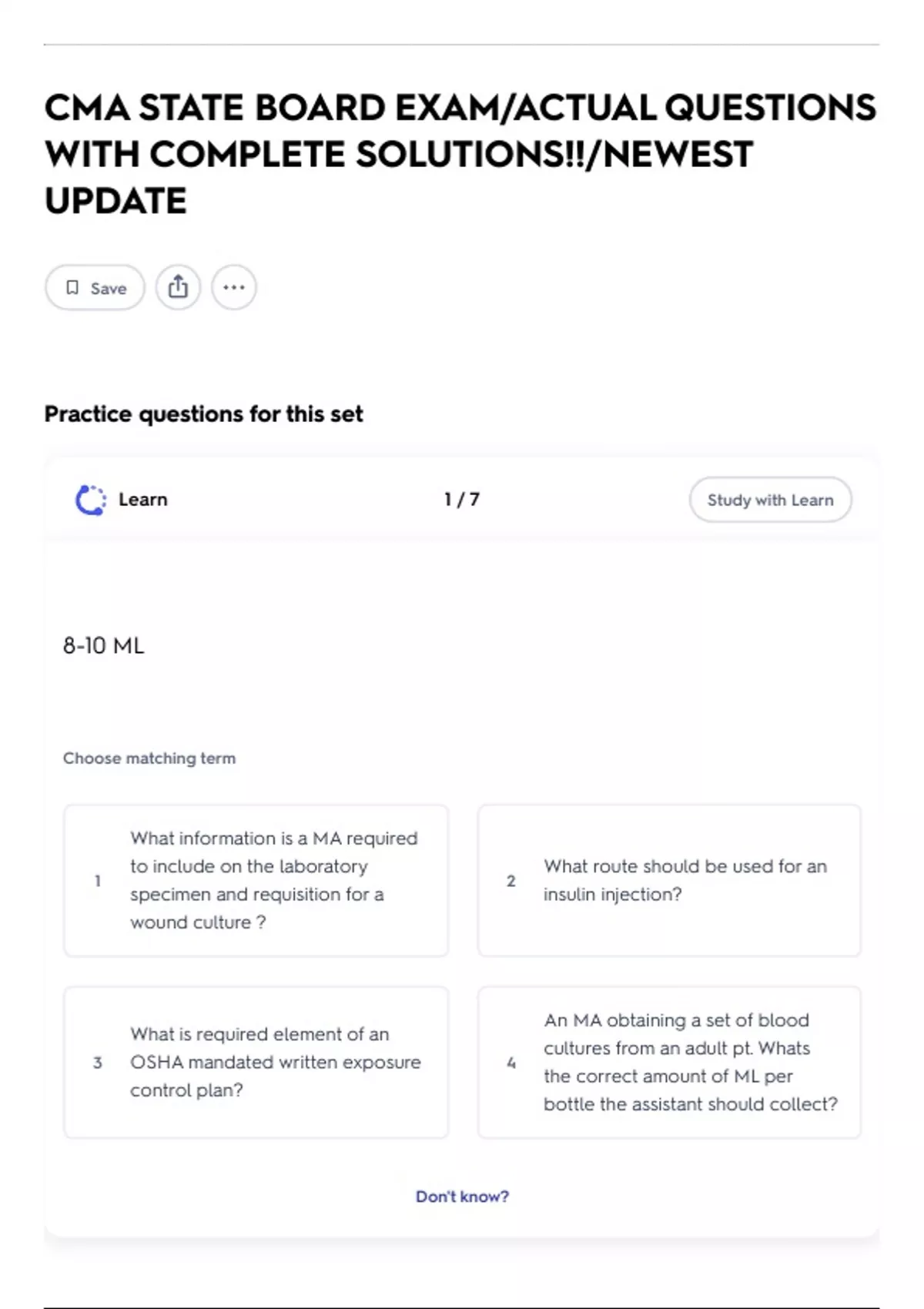 CMA STATE BOARD EXAM/ACTUAL QUESTIONS WITH COMPLETE SOLUTIONS!!/NEWEST ...