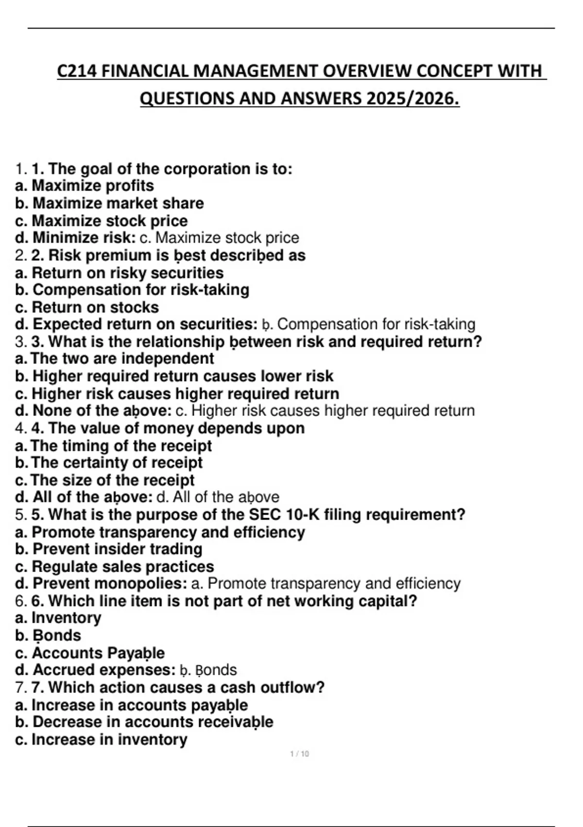 C214 FINANCIAL MANAGEMENT OVERVIEW CONCEPT WITH QUESTIONS AND ANSWERS ...