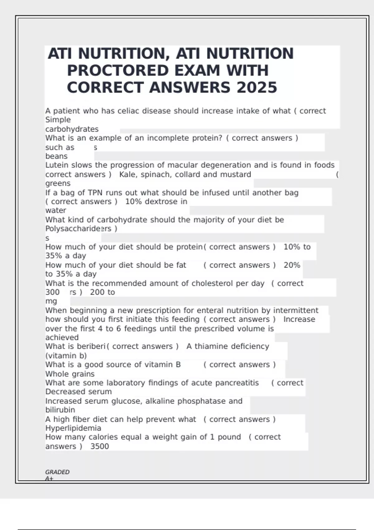 ATI NUTRITION, ATI NUTRITION PROCTORED EXAM WITH CORRECT ANSWERS 2025 ...