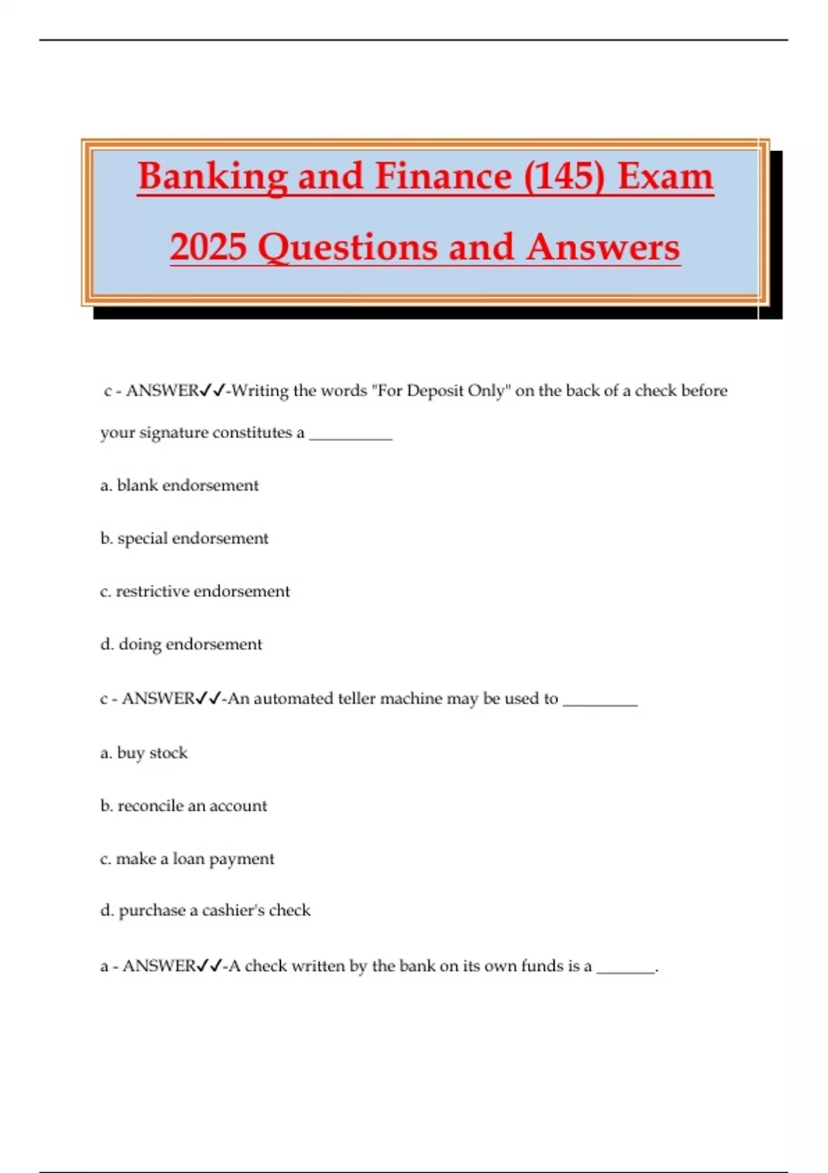 Banking and Finance (145) Exam 2025 Questions and Answers - BPA Banking ...