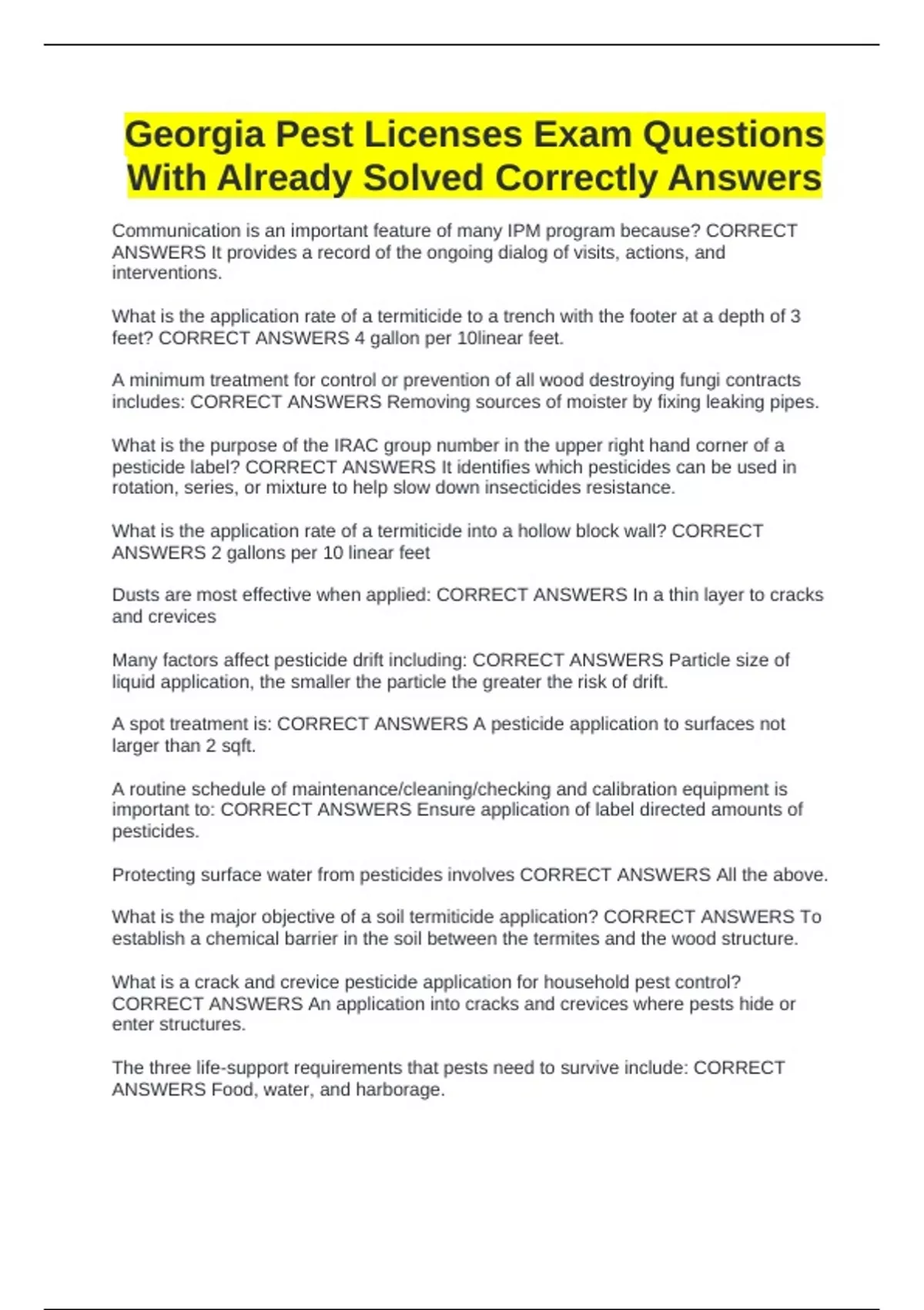 Georgia Pest Licenses Exam Questions With Already Solved Correctly ...