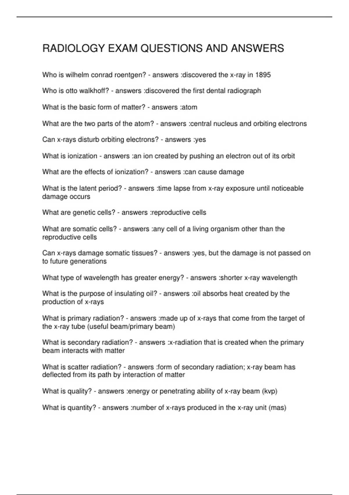 RADIOLOGY EXAM QUESTIONS AND ANSWERS - Radiology - Stuvia US