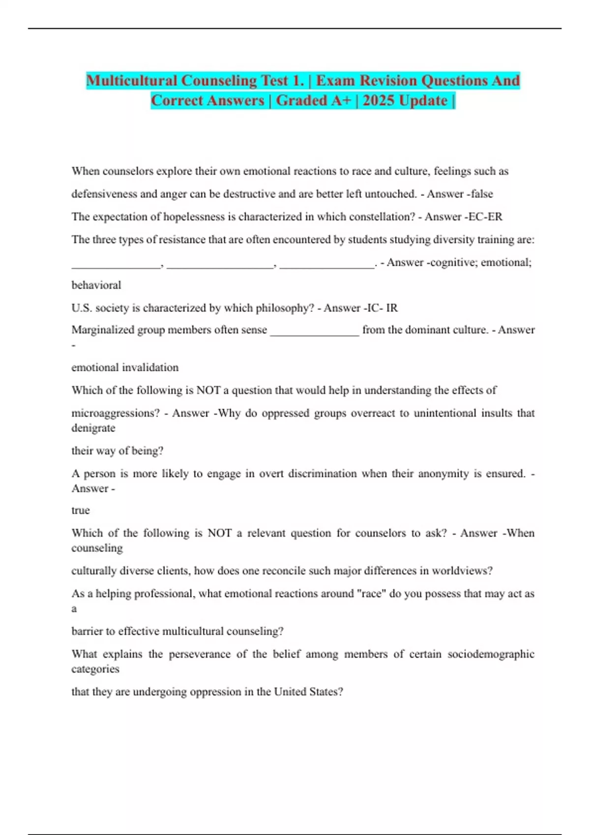 Multicultural Counseling Test 1. | Exam Revision Questions And Correct ...