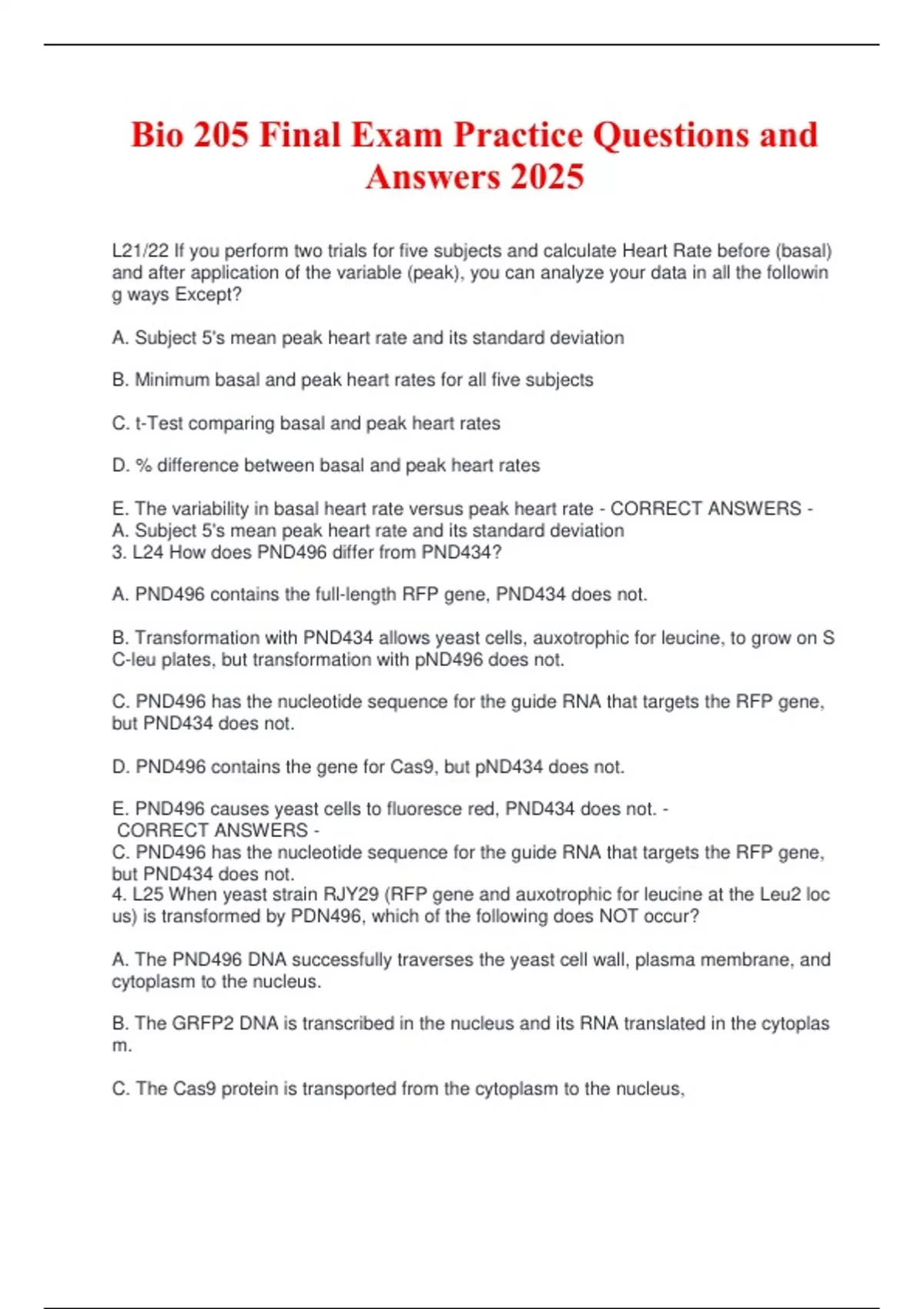 Bio 205 Final Exam Practice Questions and Answers 2025 - D546 - Stuvia US