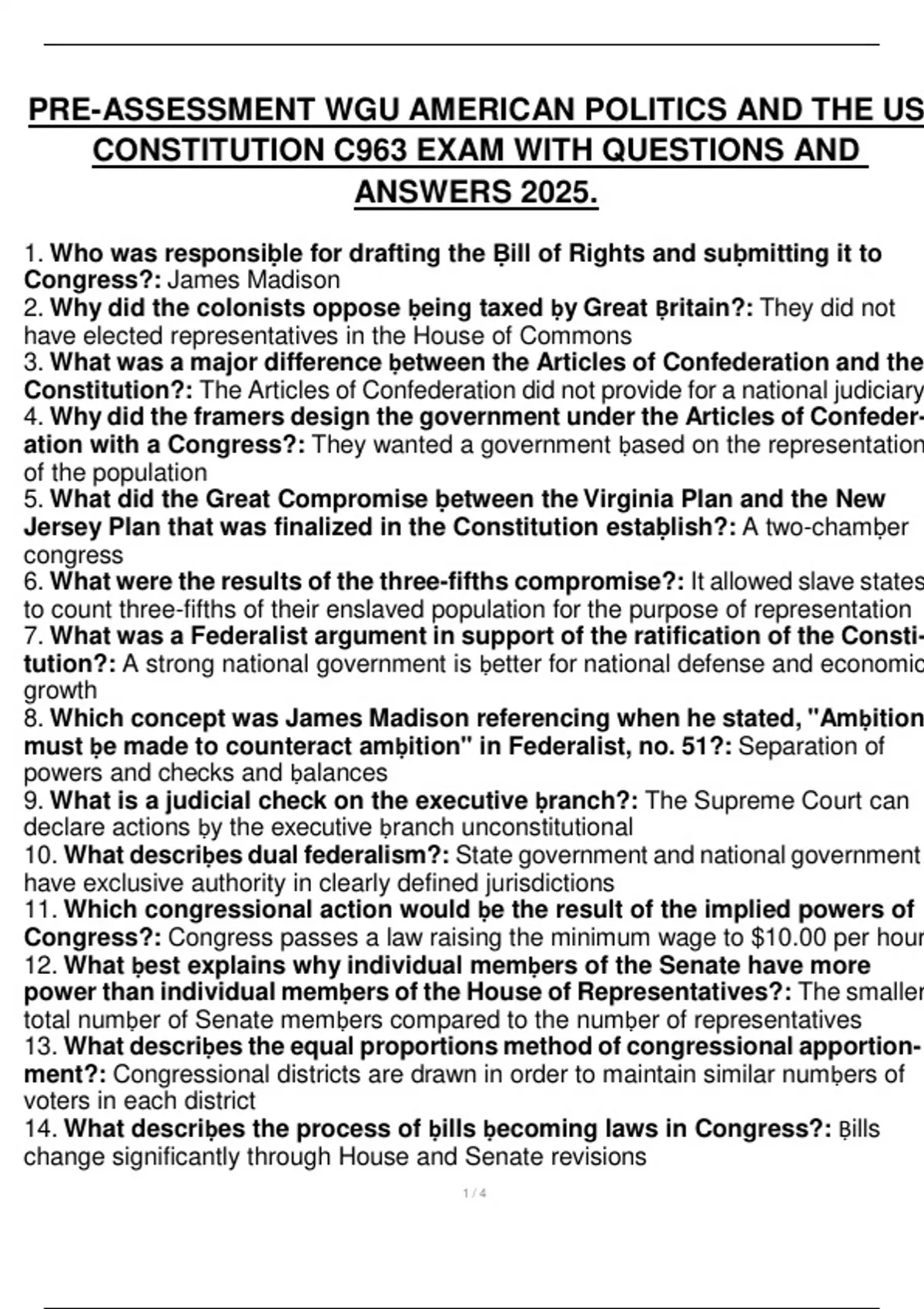 PRE-ASSESSMENT WGU AMERICAN POLITICS AND THE US CONSTITUTION C963 EXAM ...