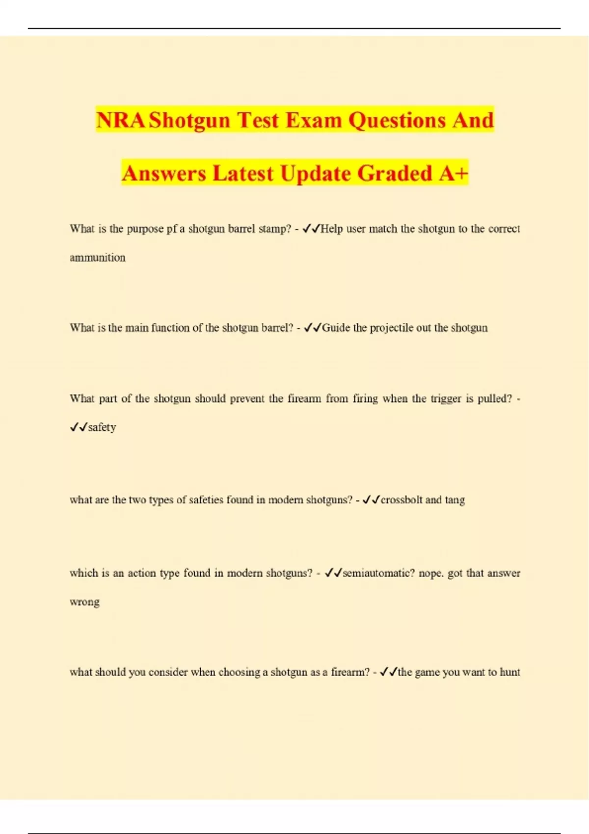 NRA Shotgun Test Exam Questions And Answers Latest Update Graded A+ ...