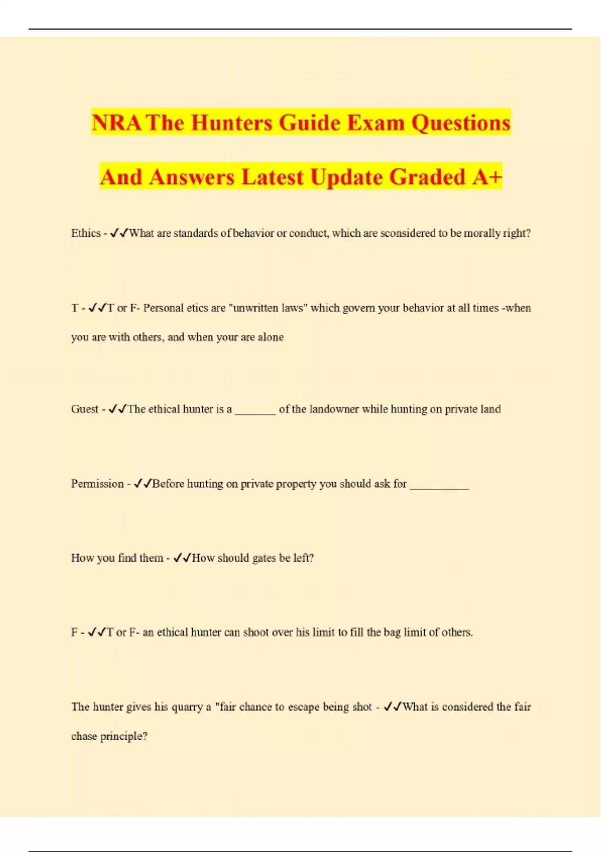 NRA The Hunters Guide Exam Questions And Answers Latest Update Graded ...