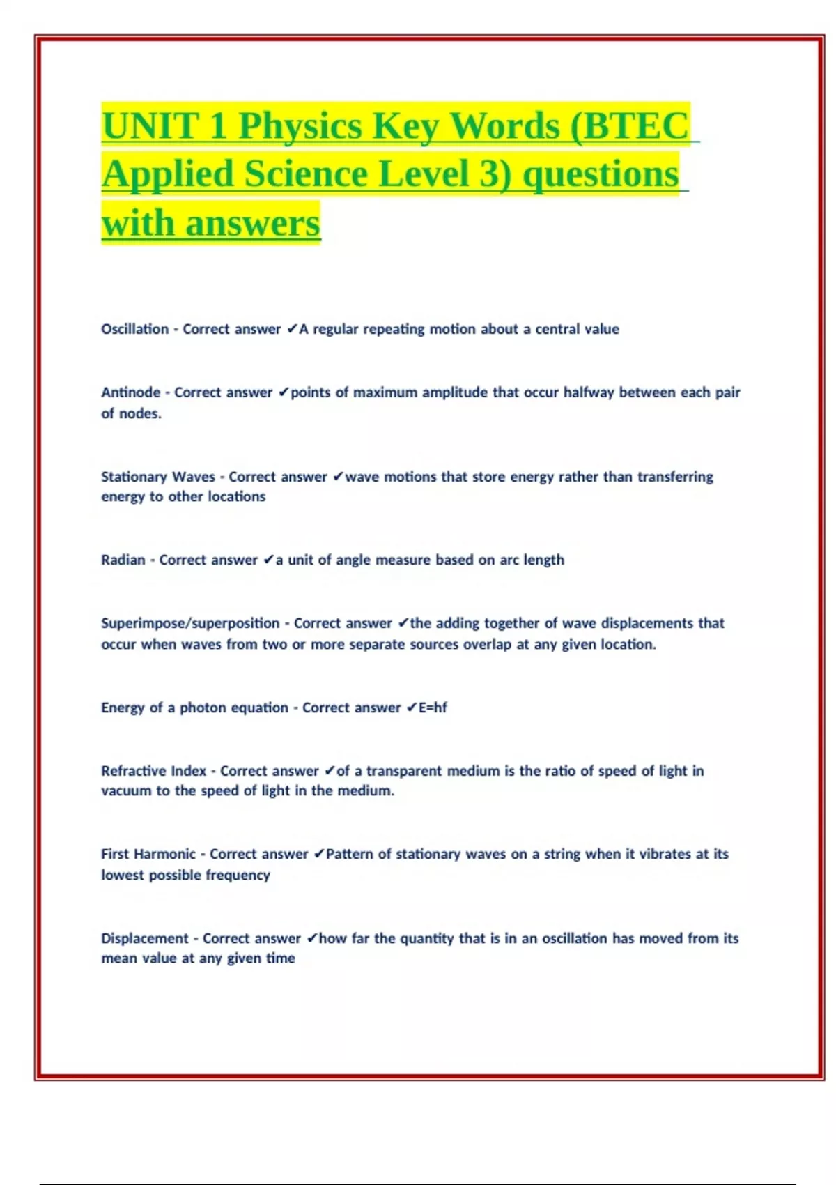 Unit 1 Physics Key Words Btec Applied Science Level 3 Questions With Answers Btec Applied