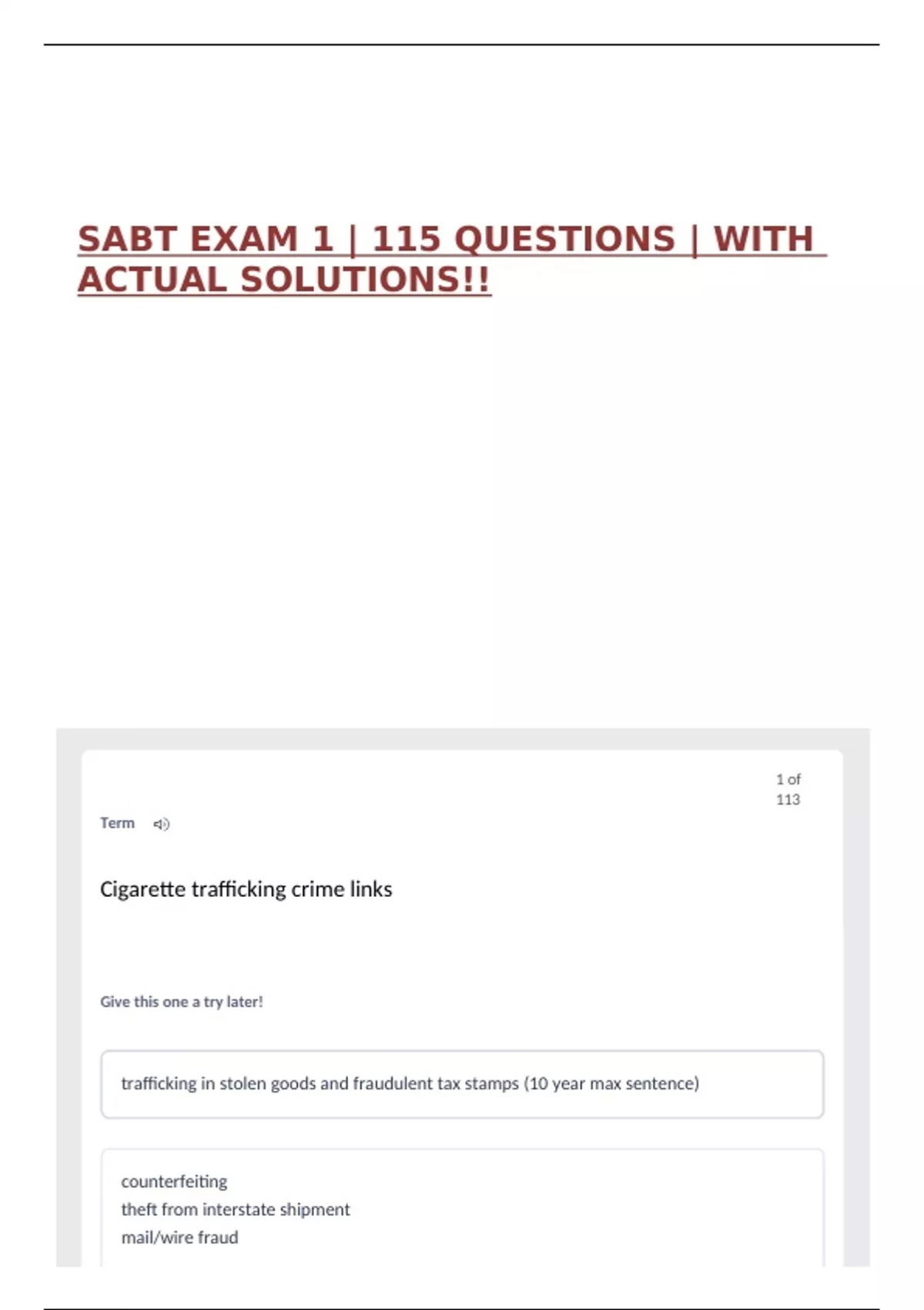 SABT EXAM 1 | 115 QUESTIONS | WITH ACTUAL SOLUTIONS!! - SABT - Stuvia US