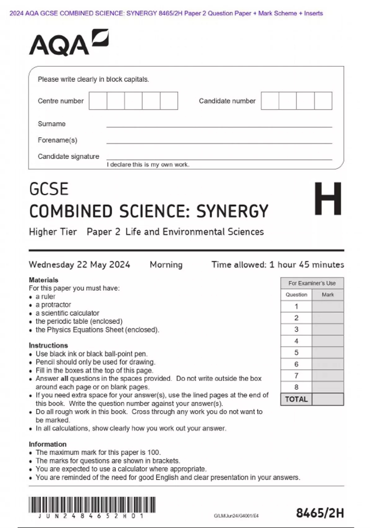 2024 Aqa Gcse Combined Science Synergy 8465 2h Paper 2 Question Paper