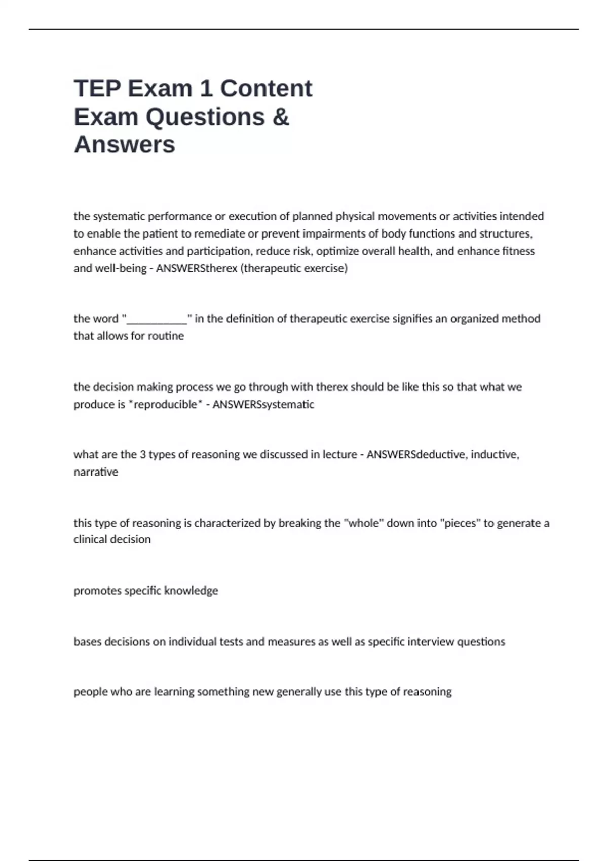TEP Exam 1 Content Exam Questions & Answers - TEP - Stuvia US
