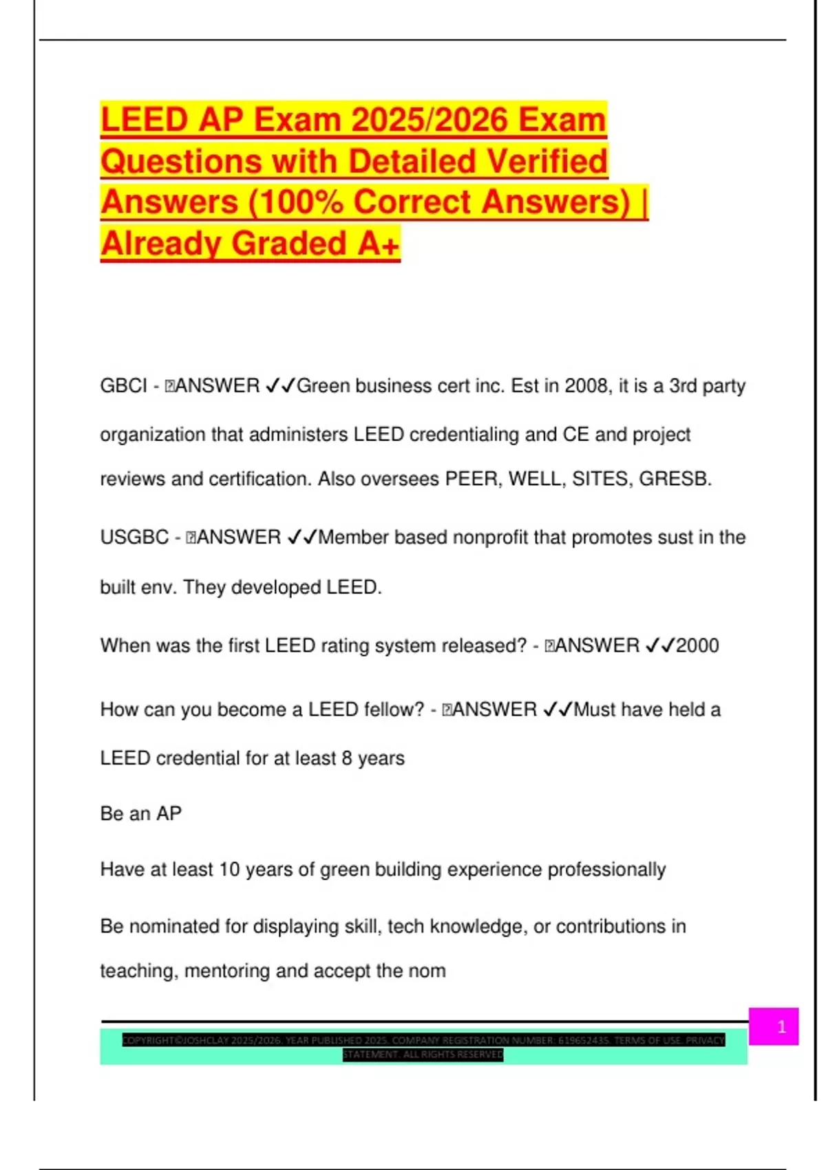 LEED AP Exam 2025/2026 Exam Questions with Detailed Verified Answers ...