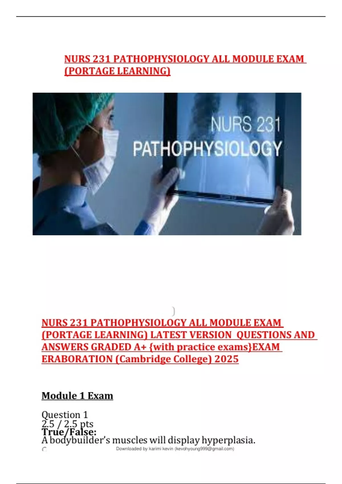NURS 231 PATHOPHYSIOLOGY ALL MODULE EXAM (PORTAGE LEARNING) - NURS 231 ...