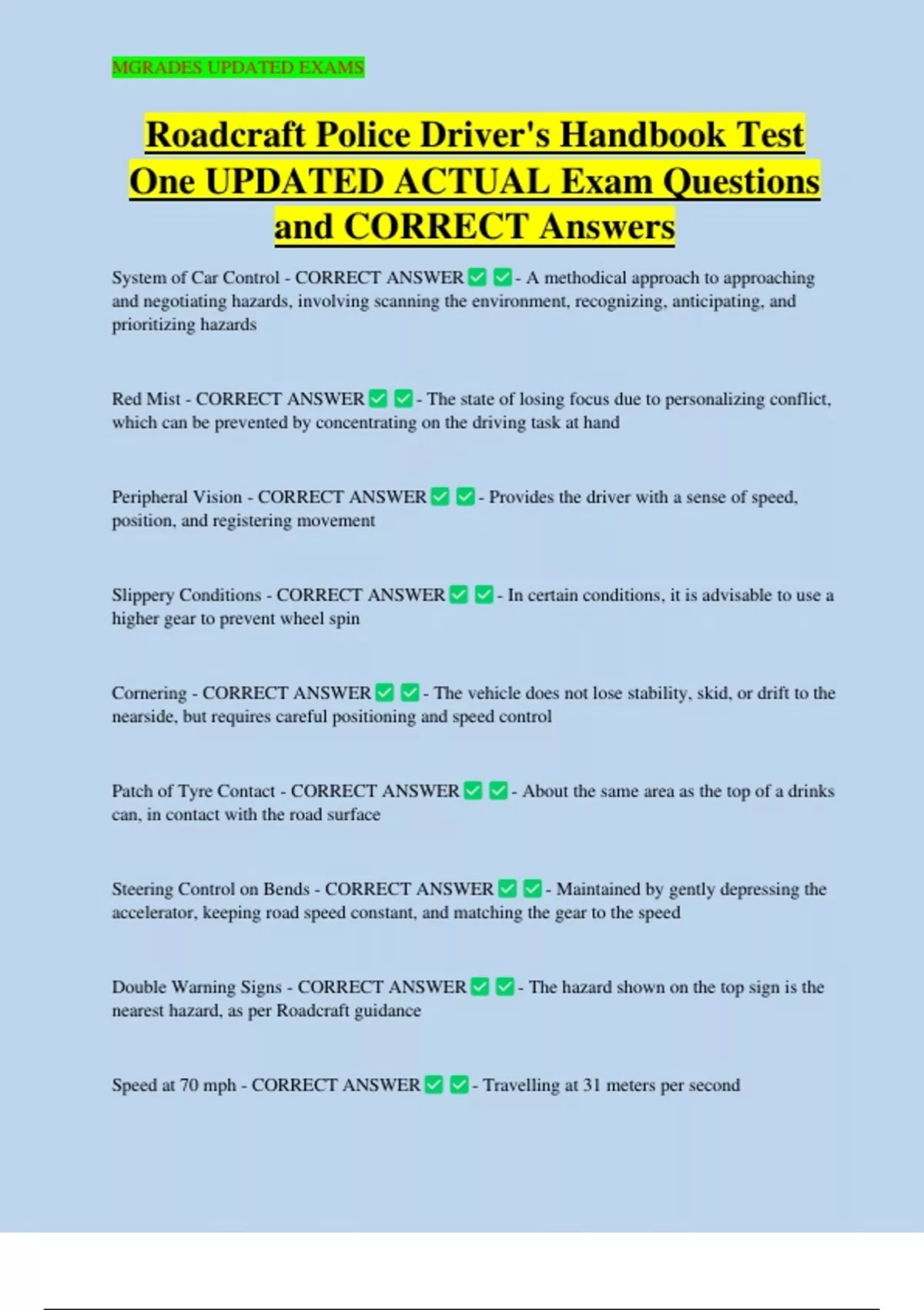 Roadcraft Police Driver's Handbook Test One UPDATED ACTUAL Exam ...