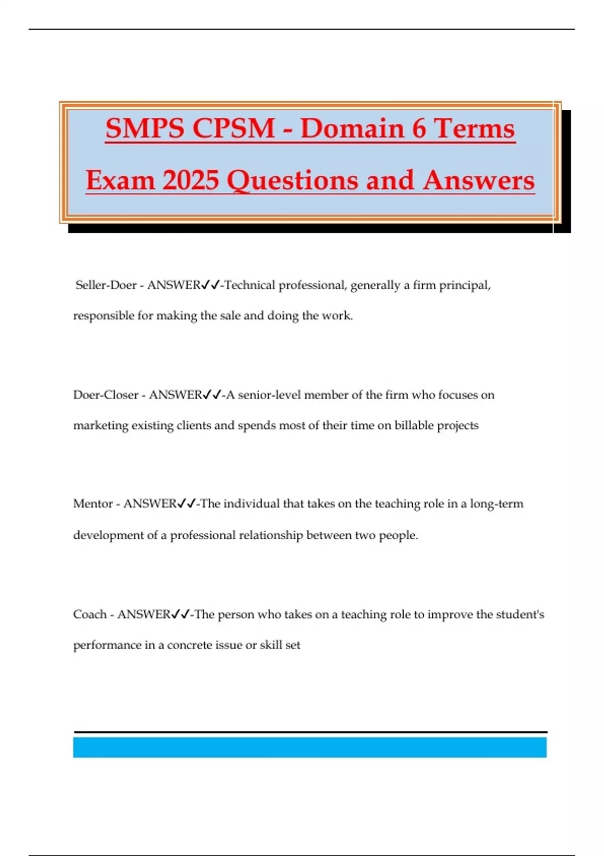 SMPS CPSM - Domain 6 Terms Exam 2025 Questions and Answers - SMPS CPSM - Stuvia US