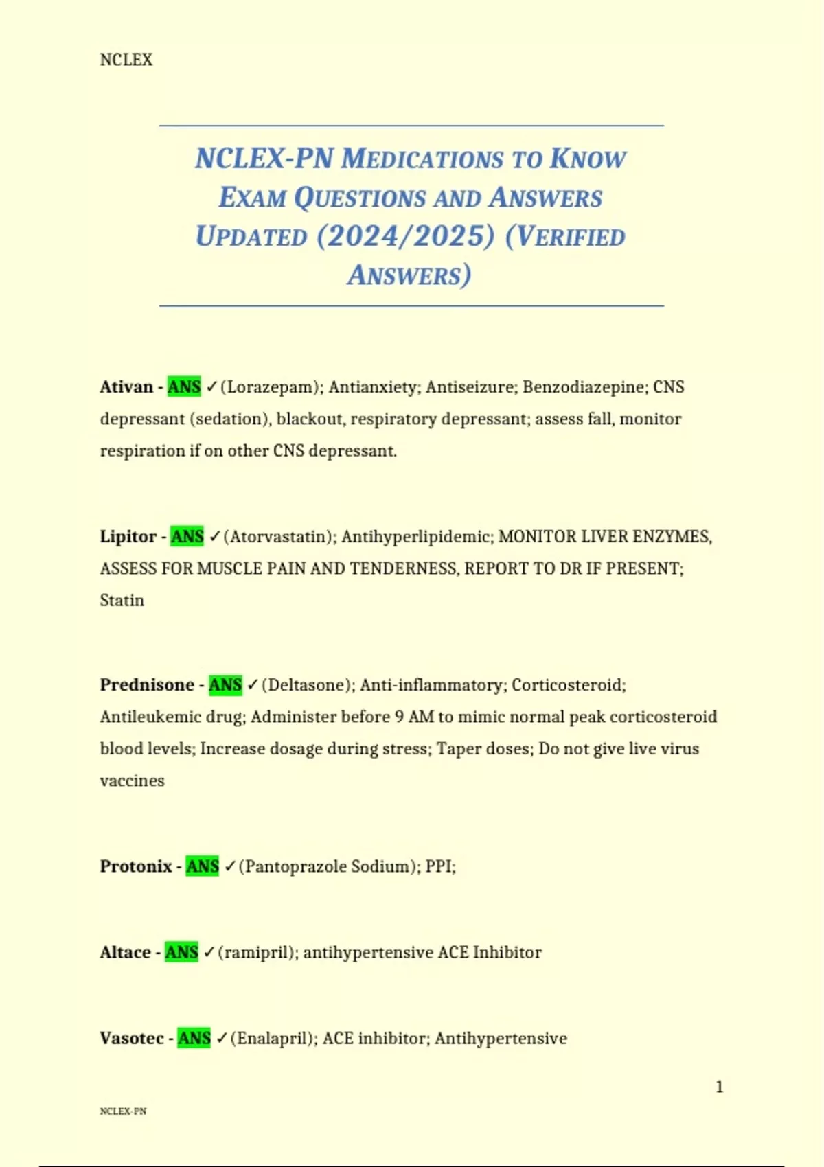 NCLEX-PN MEDICATIONS TO KNOW EXAM QUESTIONS AND ANSWERS UPDATED (2024/ ...