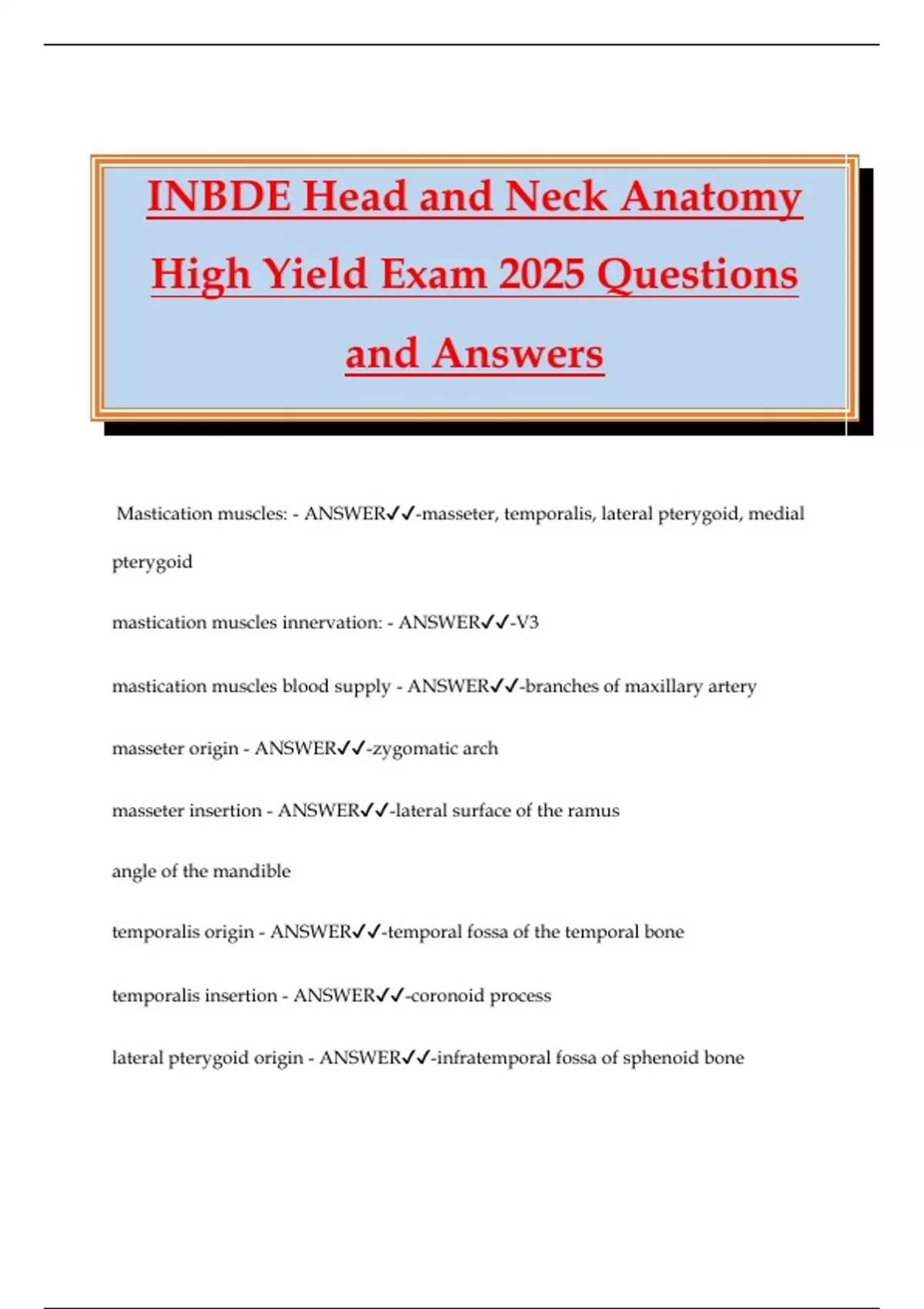 INBDE Head and Neck Anatomy High Yield Exam 2025 Questions and Answers ...