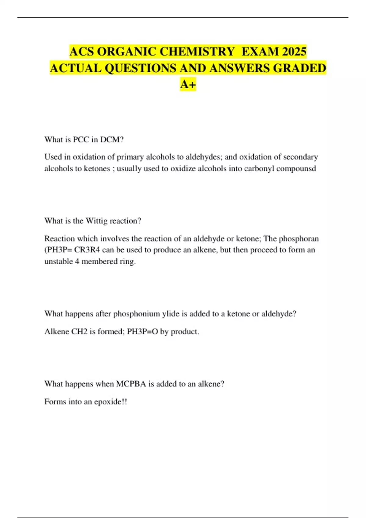 ACS ORGANIC CHEMISTRY EXAM 2025 ACTUAL QUESTIONS AND ANSWERS GRADED A+ ...