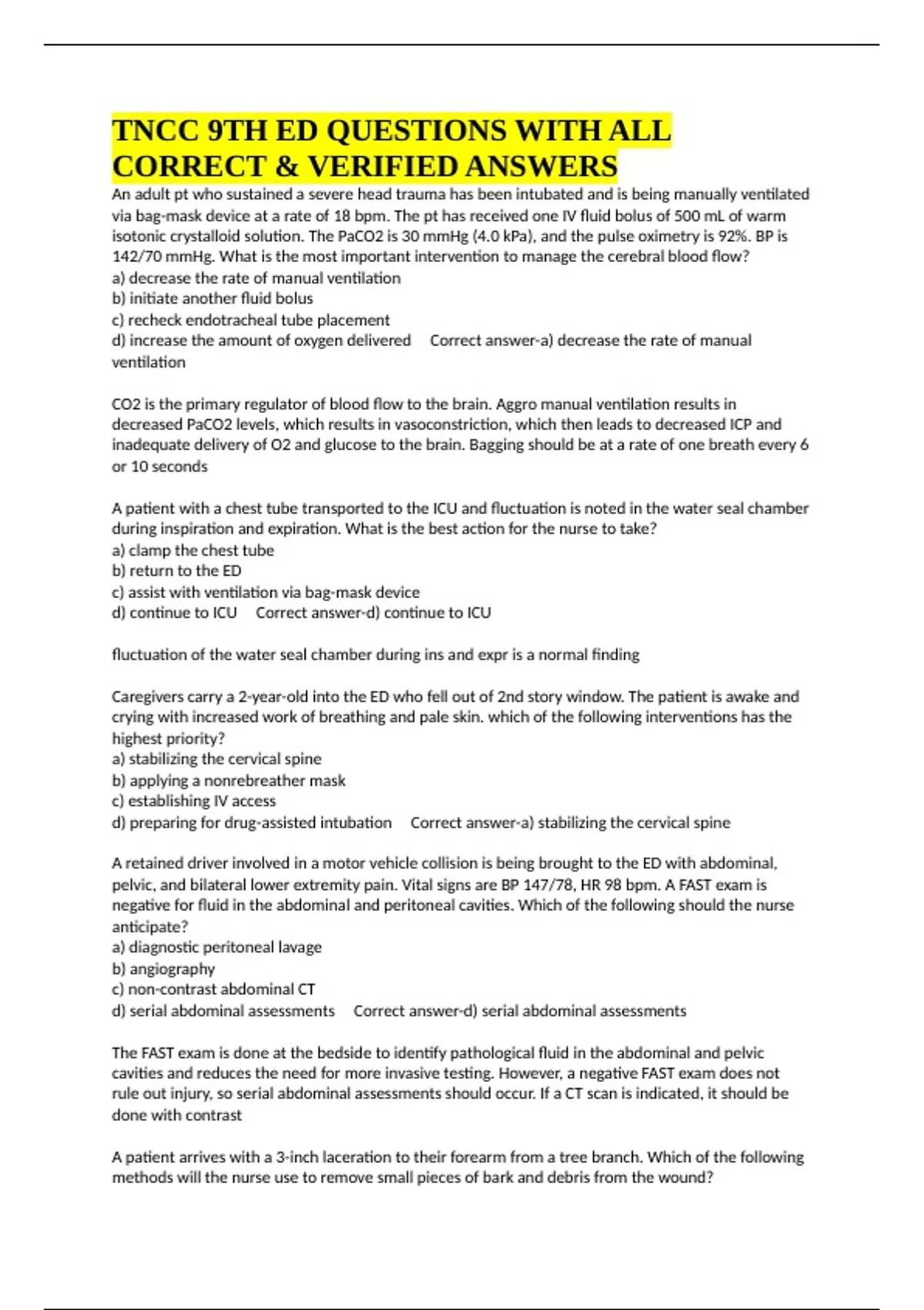 TNCC 9TH ED QUESTIONS WITH ALL CORRECT & VERIFIED ANSWERS - TNCC-Trauma ...