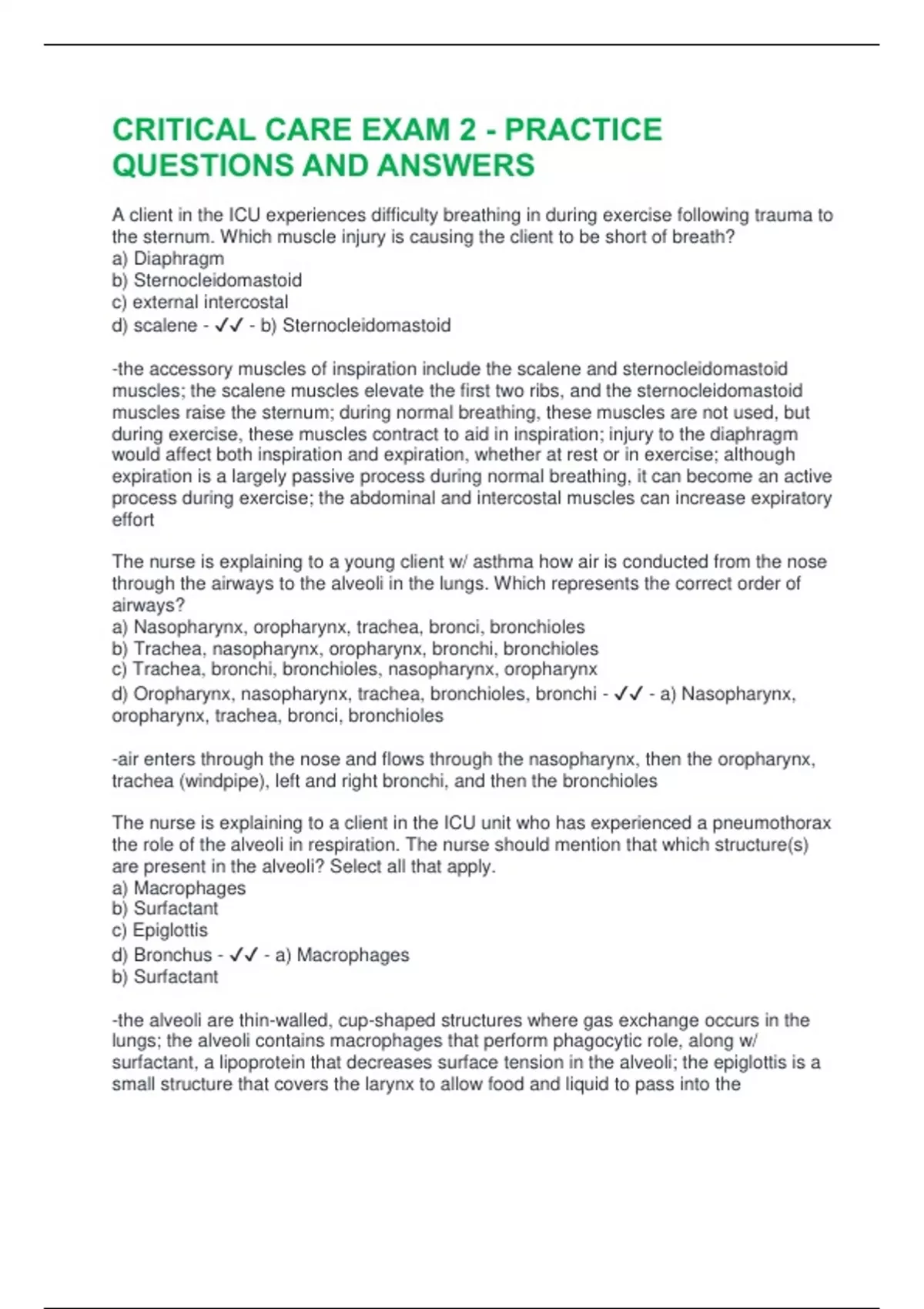 CRITICAL CARE EXAM 2 - PRACTICE QUESTIONS AND ANSWERS WITH RATIONALES ...