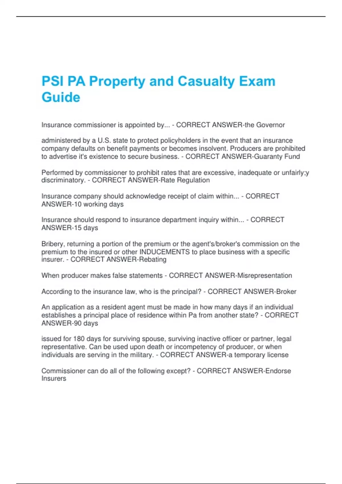 PSI PA Property and Casualty Exam Guide | Questions and Answers | 2025 ...