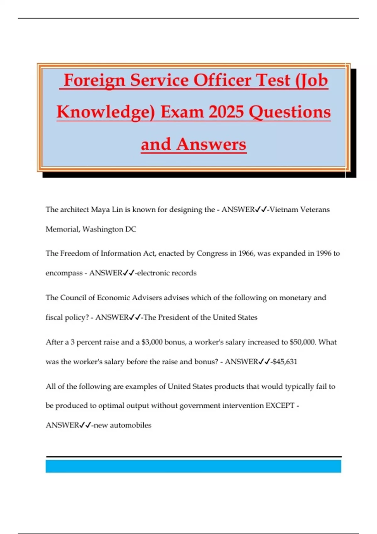 Foreign Service Officer Test (Job Knowledge) Exam 2025 Questions and ...