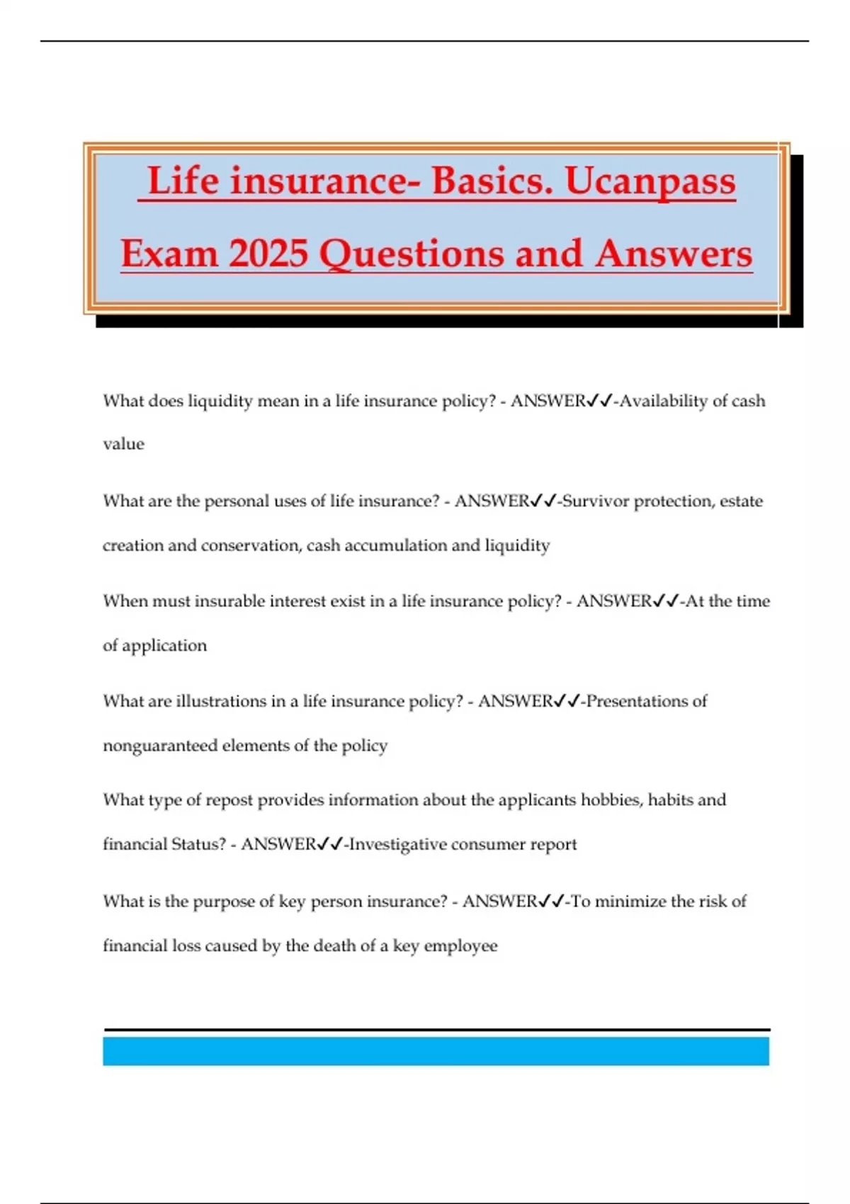Life insurance- Basics. Ucanpass Exam 2025 Questions and Answers ...
