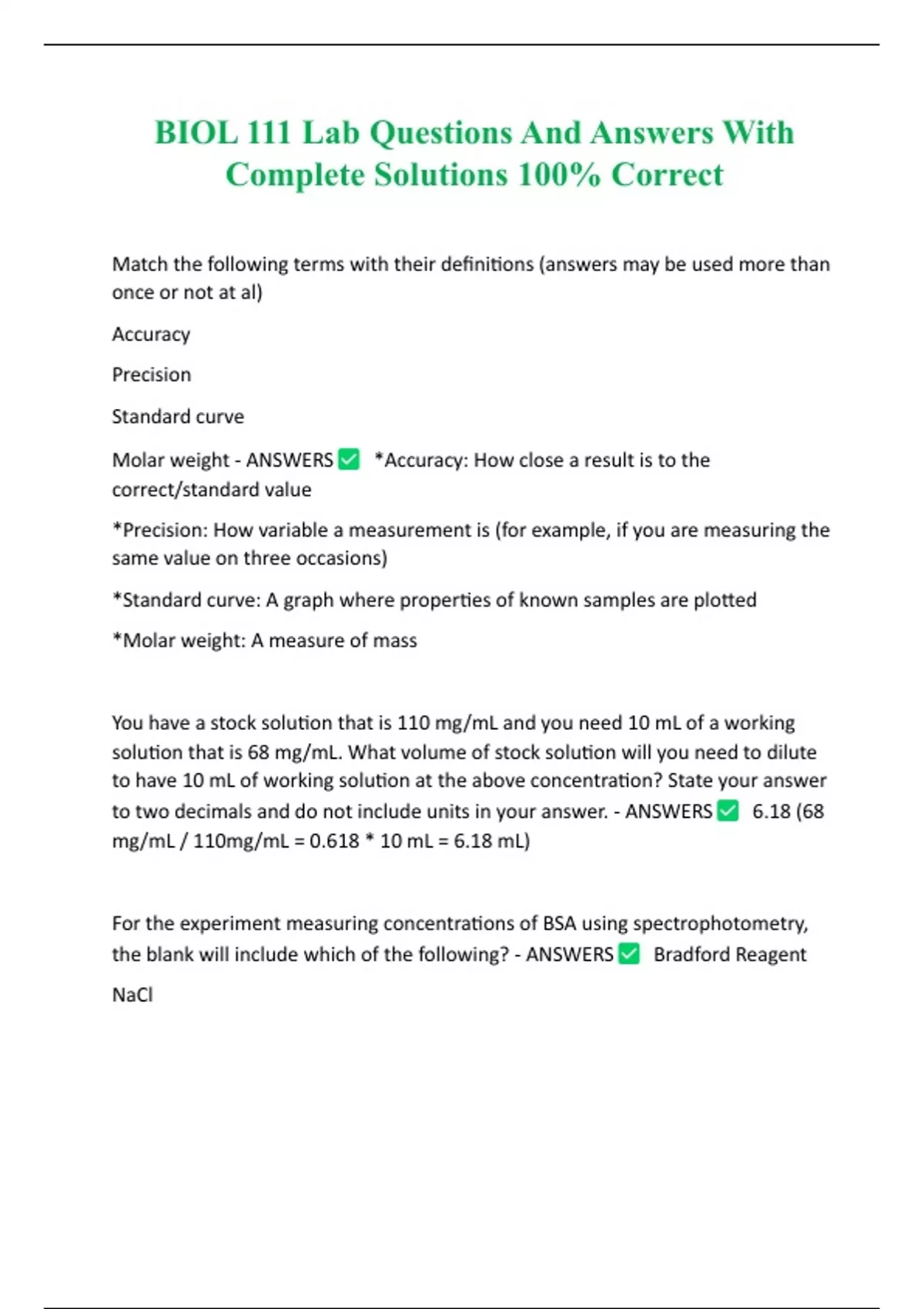 BIOL 111 Lab Questions And Answers With Complete Solutions 100% Correct ...