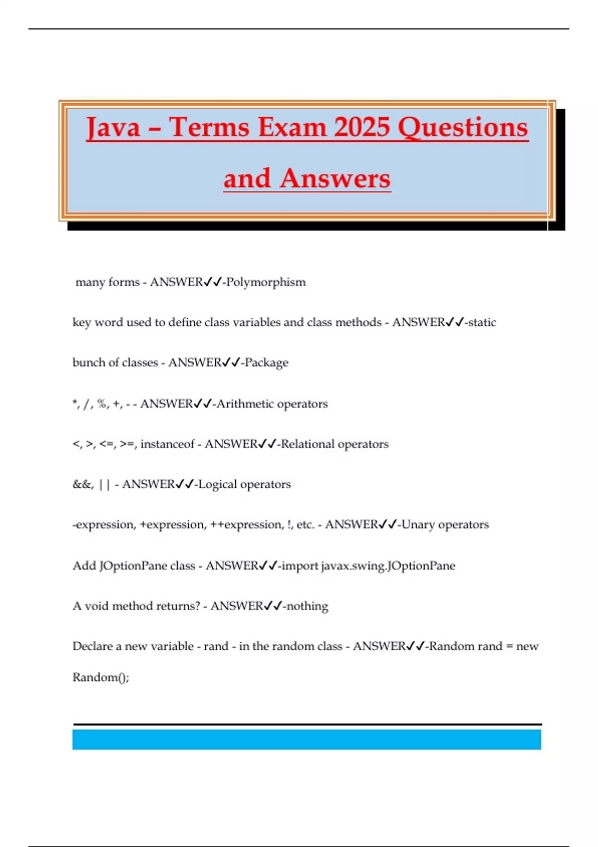 Java – Terms Exam 2025 Questions and Answers - JAVA - Stuvia US