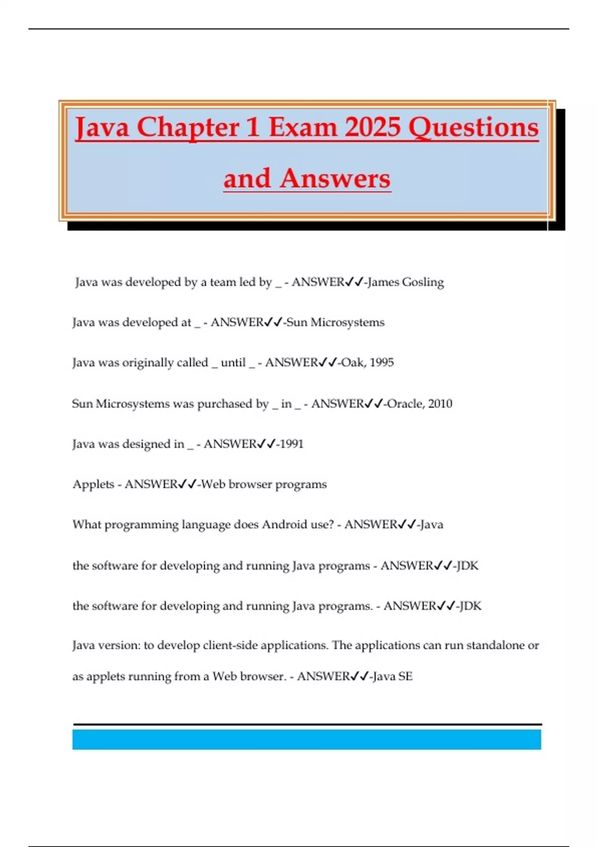 Java Chapter 1 Exam 2025 Questions and Answers - JAVA - Stuvia US