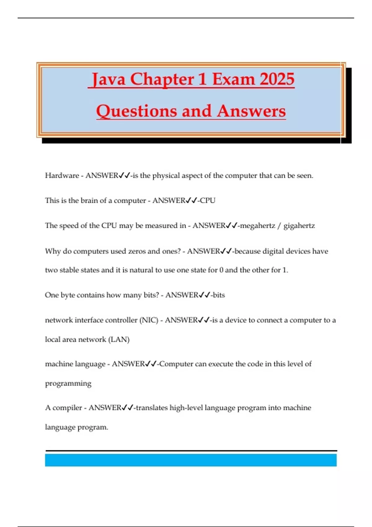 Java Chapter 1 Exam 2025 Questions and Answers - JAVA - Stuvia US
