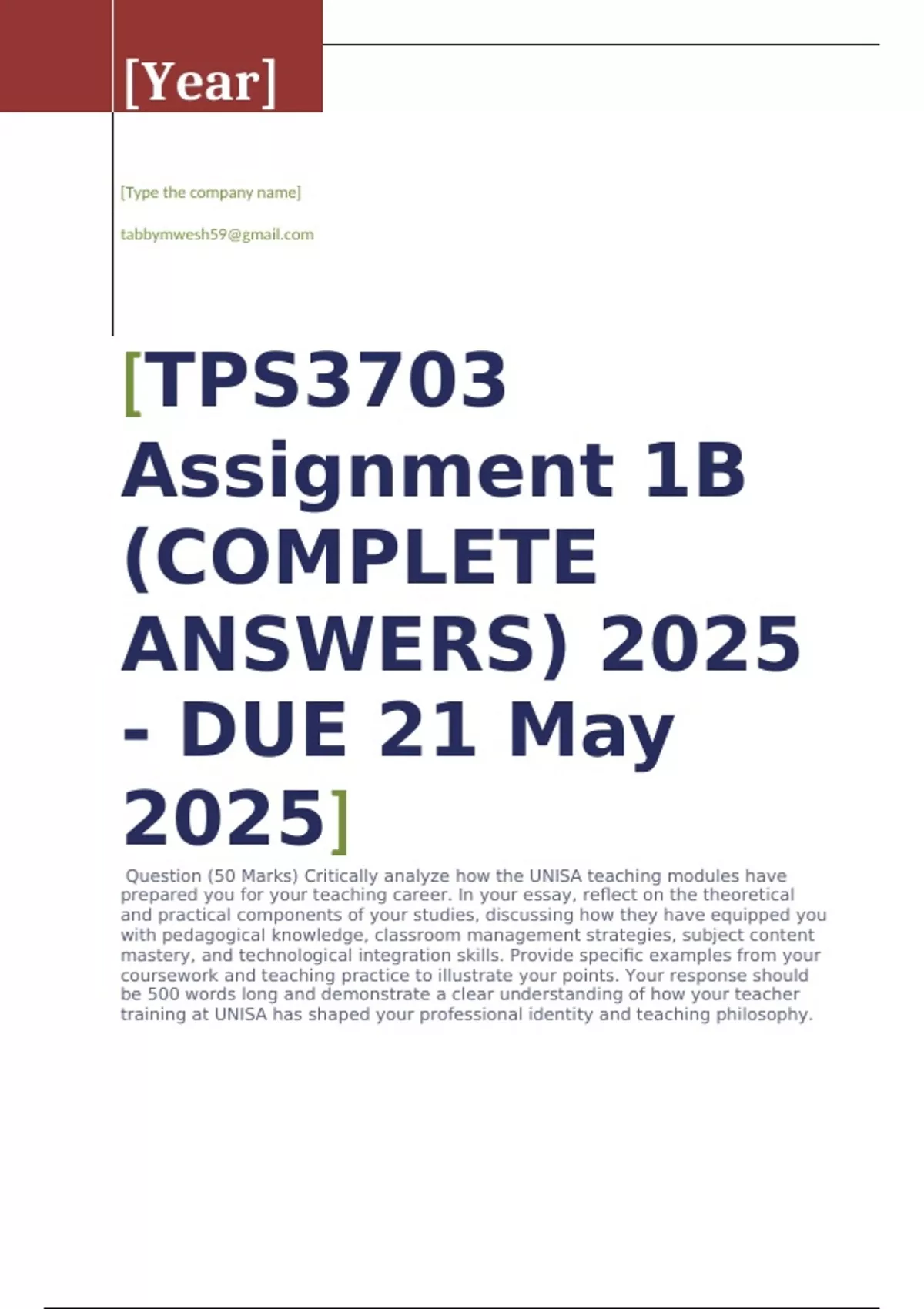 [TPS3703 Assignment 1B (COMPLETE ANSWERS) 2025 - DUE 21 May 2025] - Teaching practice for Senior ...