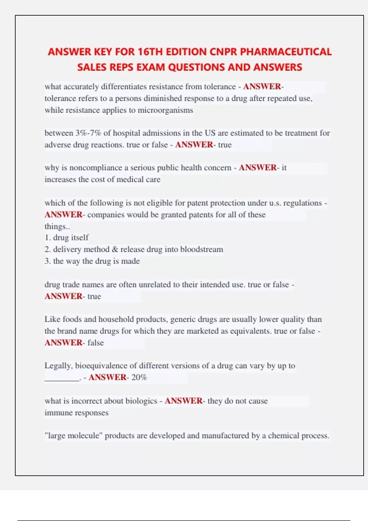 ANSWER KEY FOR 16TH EDITION CNPR PHARMACEUTICAL SALES REPS EXAM ...