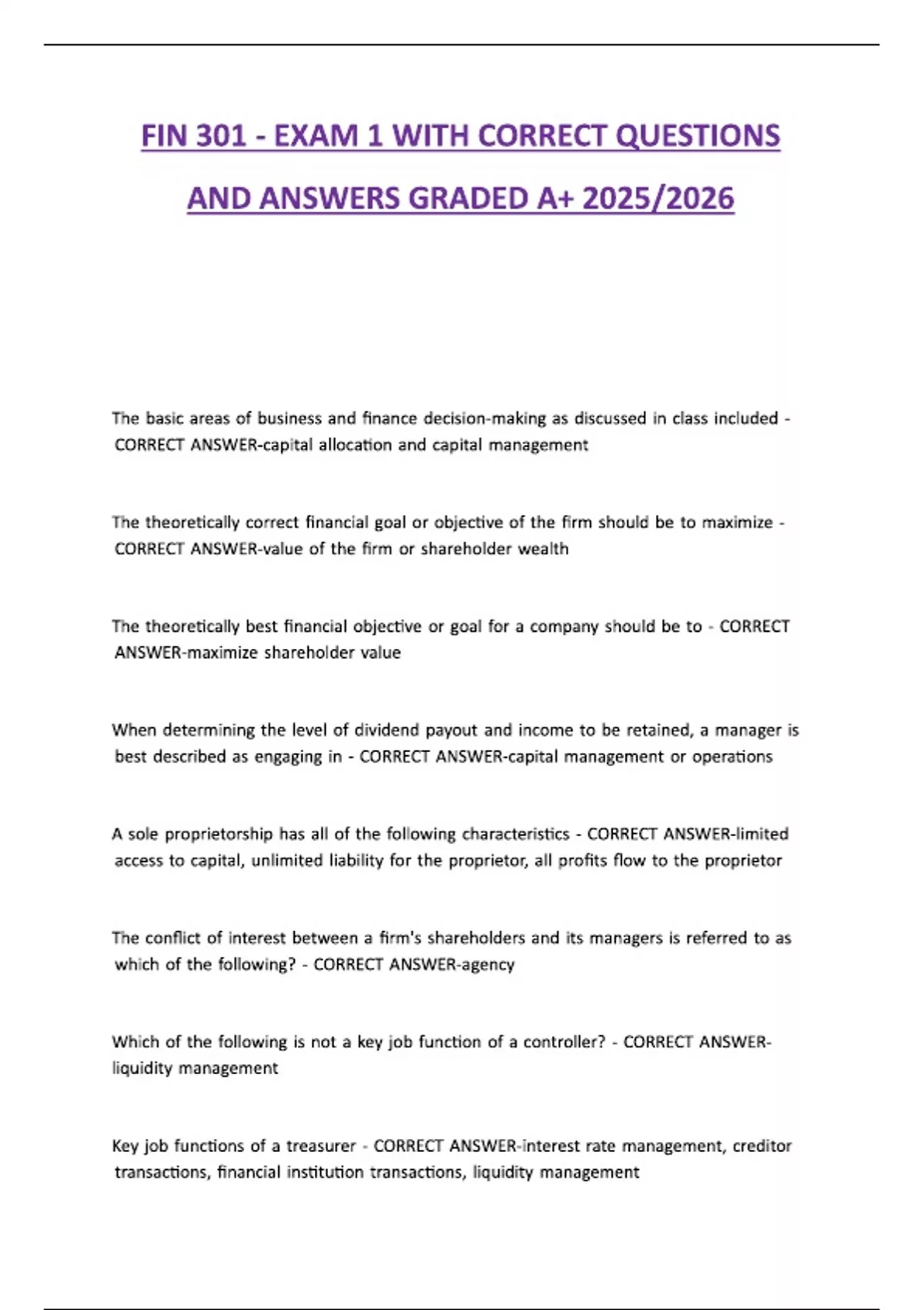 FIN 301 - EXAM 1 WITH CORRECT QUESTIONS AND ANSWERS GRADED A+ 2025/2026 ...
