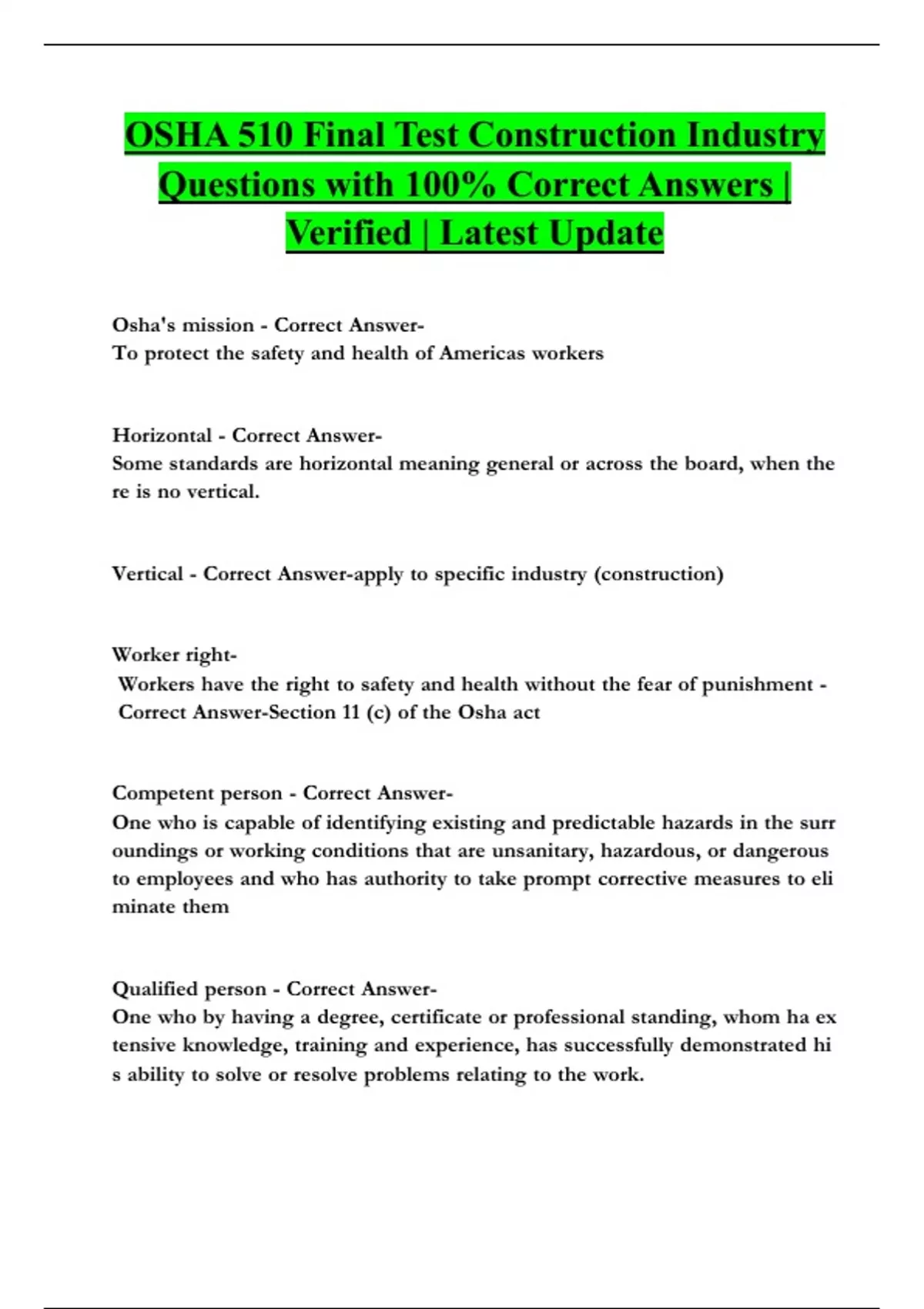 OSHA 510 Final Test Construction Industry Questions with 100% Correct ...